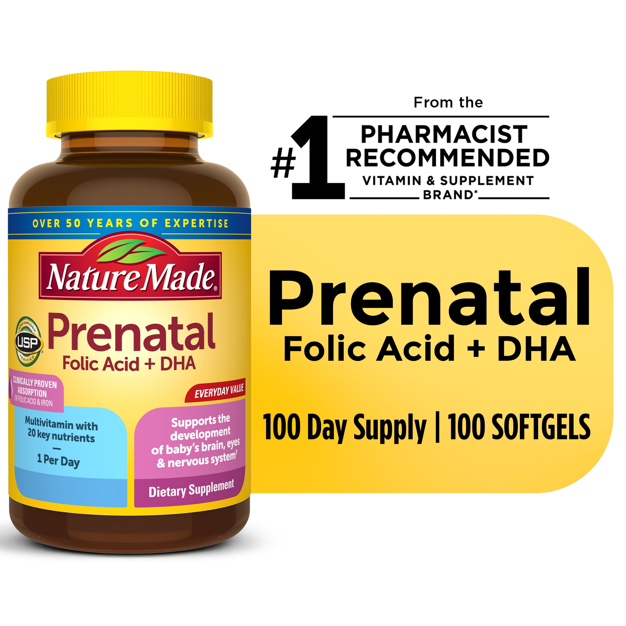 Nature Made Prenatal with Folic Acid + DHA Softgels, Prenatal Vitamin and Mineral Supplement ...