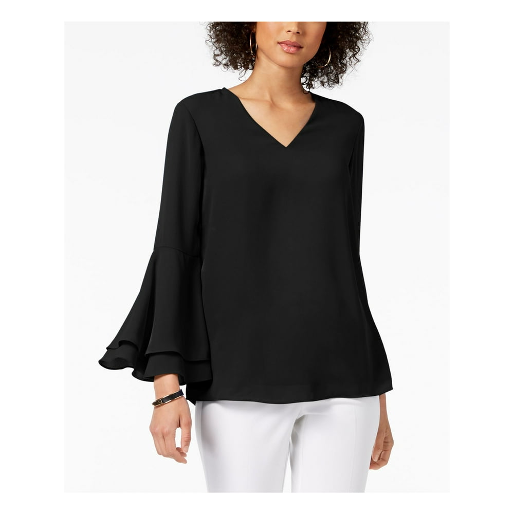 Alfani Alfani Womens Black Ruffled Long Sleeve V Neck Blouse Top Size