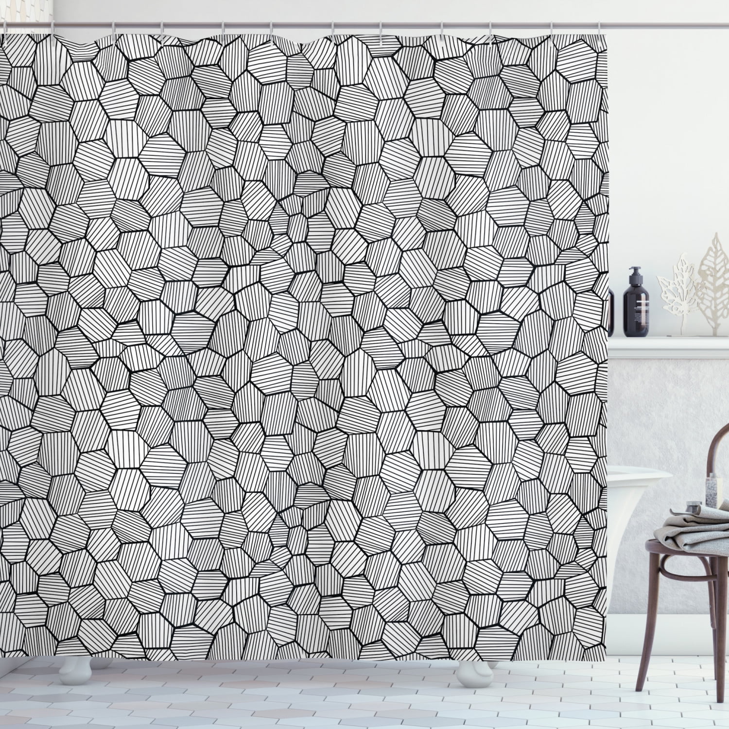 Geometric Shower Curtain, Hand-Drawn Sketch Deformed Hexagon Shapes ...