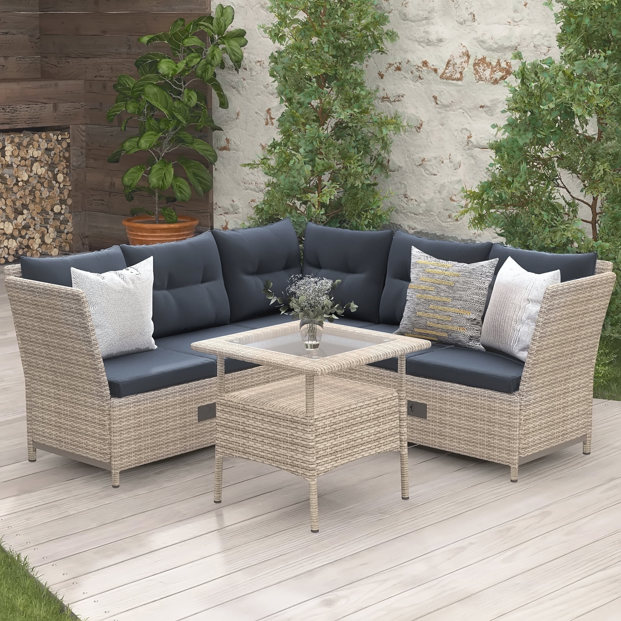 Euroco 5-Person Outdoor Sofa Set with End Table, Patio Wicker Sofa Set ...