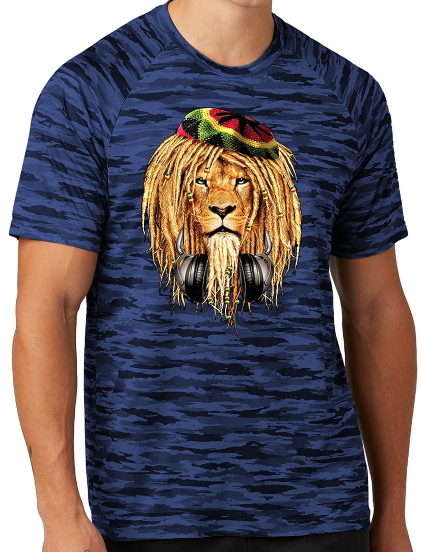 Mens Rasta Lion with Headphones Rastafarian Moisture-Wicking Camo Tee ...