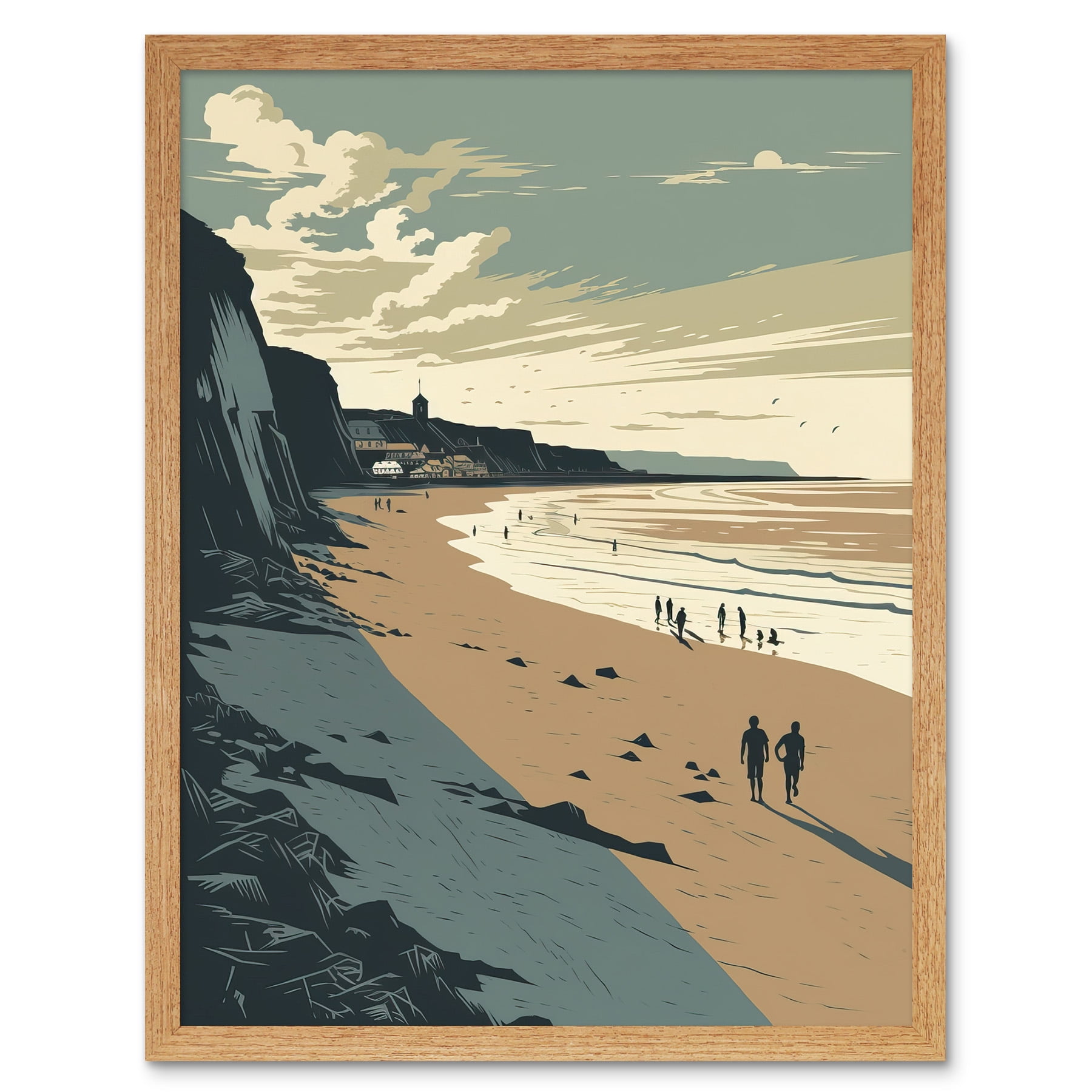 People Walking on Filey Beach Coastal Illustration Art Print Framed ...