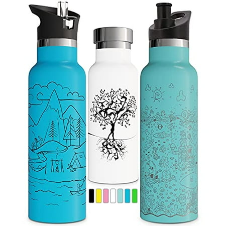 Involve & Evolve Insulated Water Bottle with 3 Lids (Straw Lid) Kids Reusable Double Walled ...