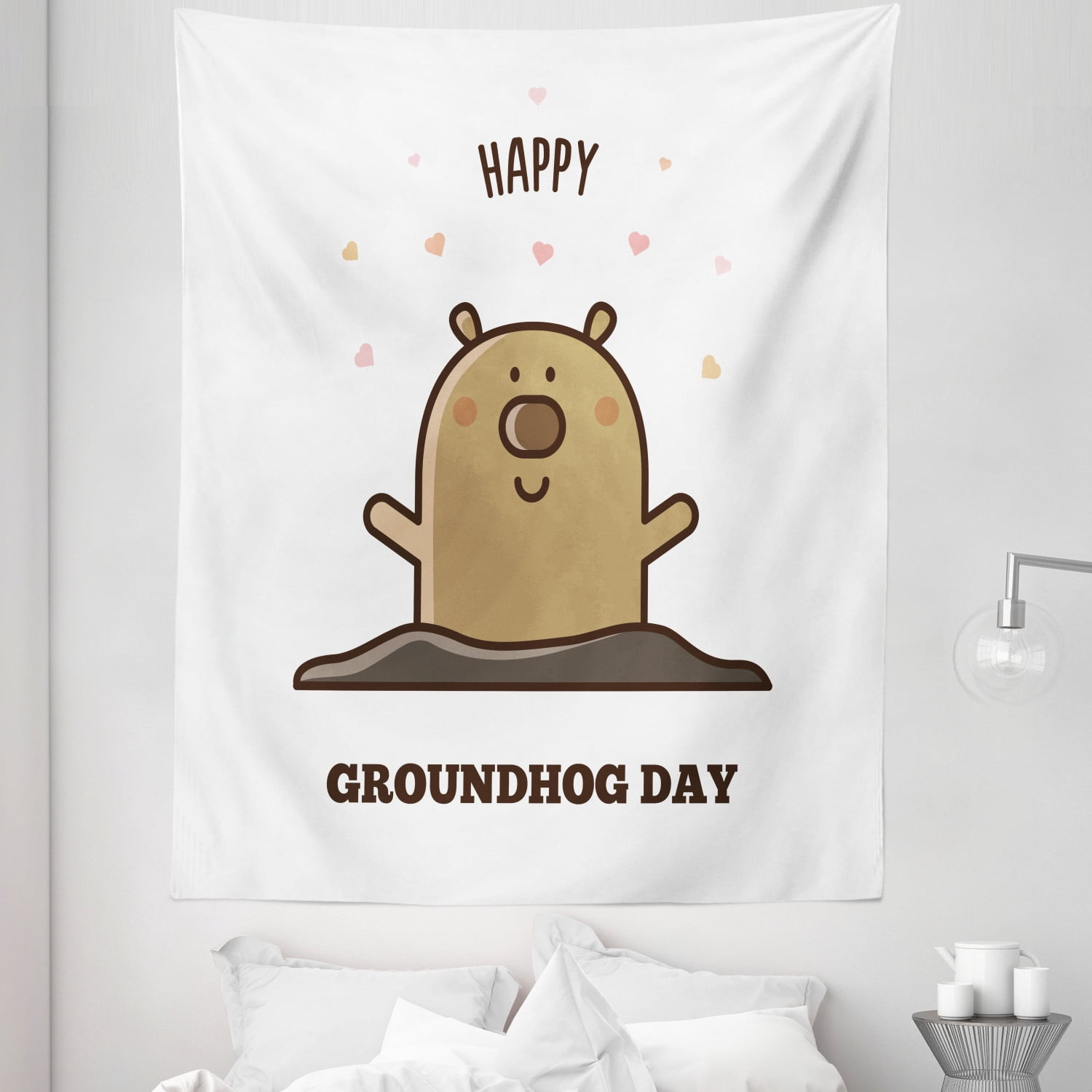 Groundhog Day Tapestry, Happy Marmot Simple Doodle Style and Little ...