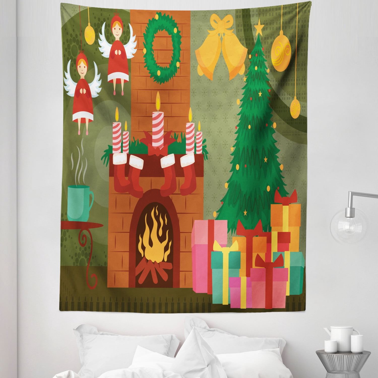 Cozy Tapestry, Cartoonish Design Christmas Night at Home with Tree ...