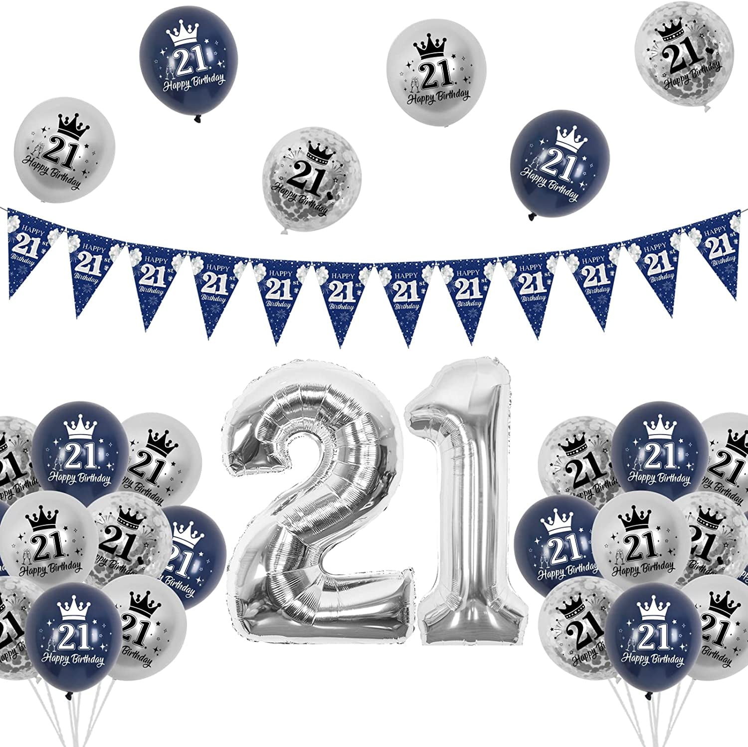 Navy Blue and Silver 21st Birthday Decorations for Men Boy, Happy 21st ...