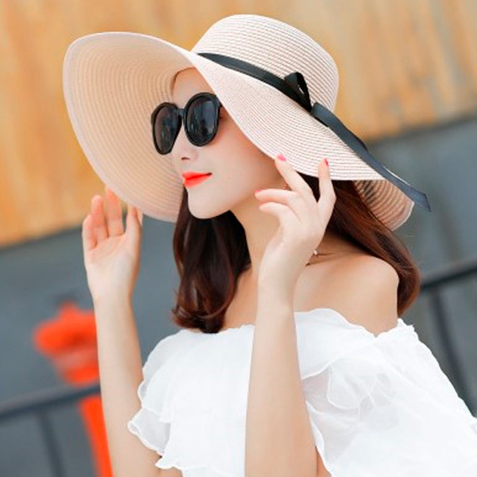 Dyfzdhu Women Big Brim Straw Hat Sun Floppy Wide Brim Hats Bowknot