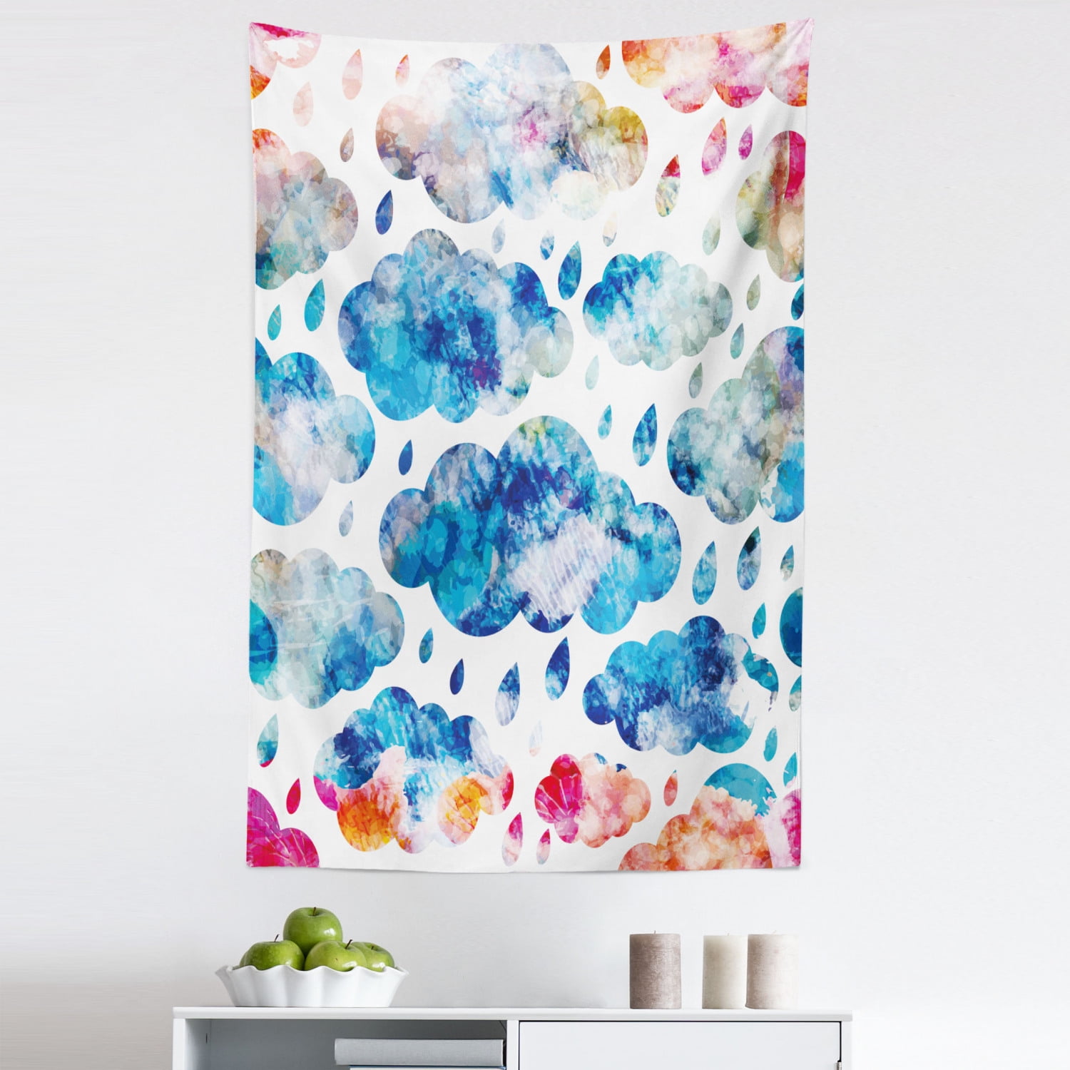 Modern Tapestry, Colorful Clouds Pattern with Raindrops Rainy Weather ...