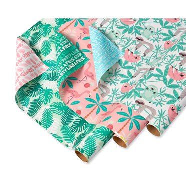 American Greetings Reversible Palms, Sloths, Flamingo Wrapping Paper ...