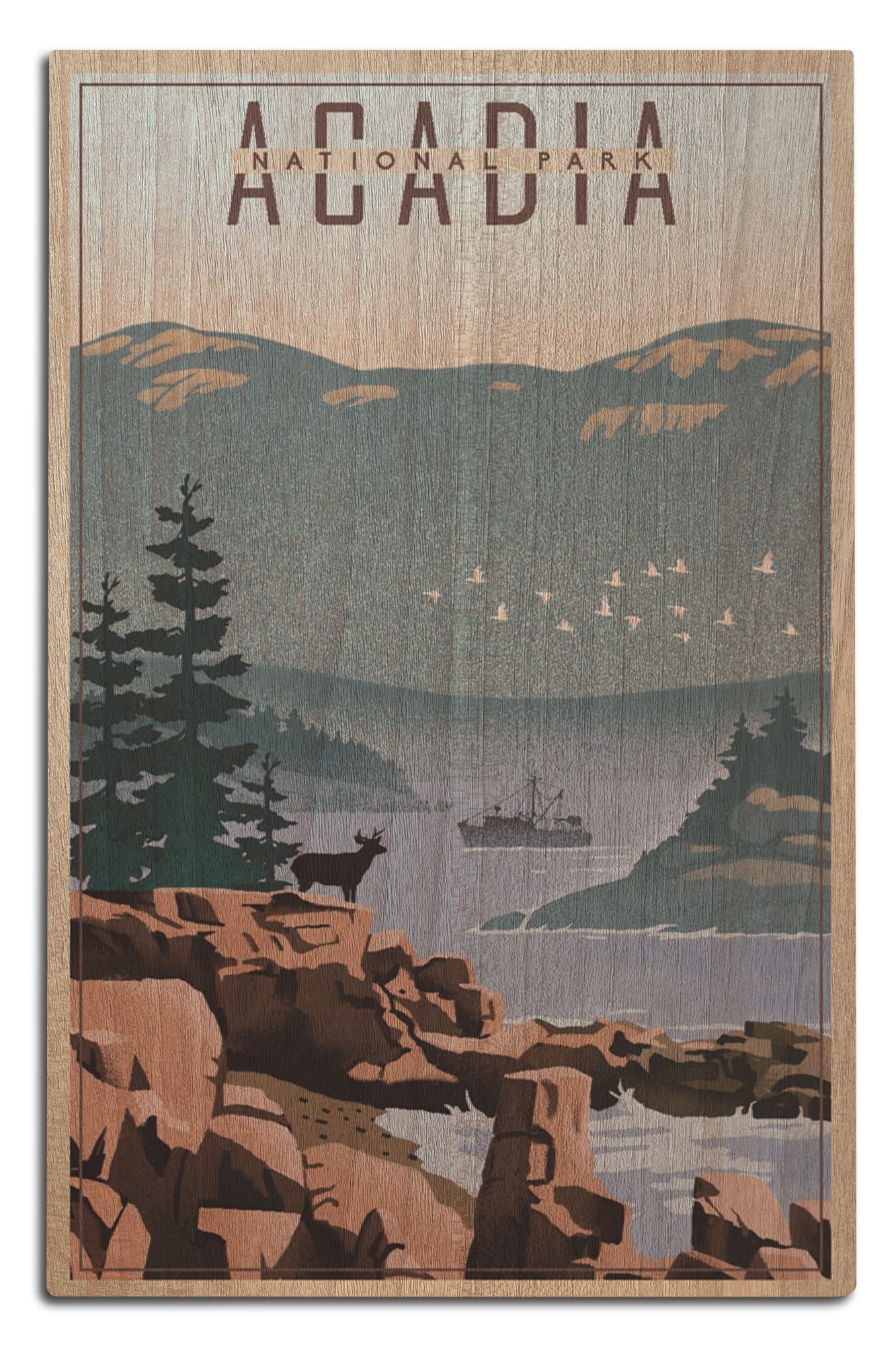 Acadia National Park, Maine, Lithograph Birch Wood Wall Sign (12x18 ...