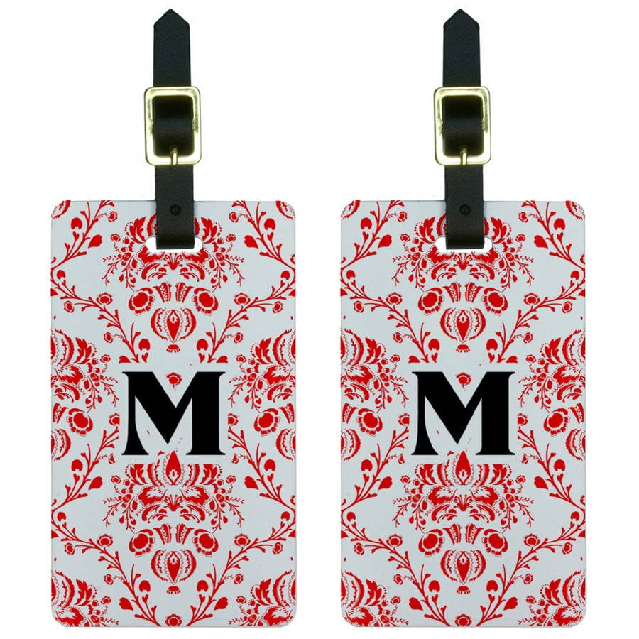 Letter M Initial Damask Elegant Red Black White Luggage Tags ID, Set of ...