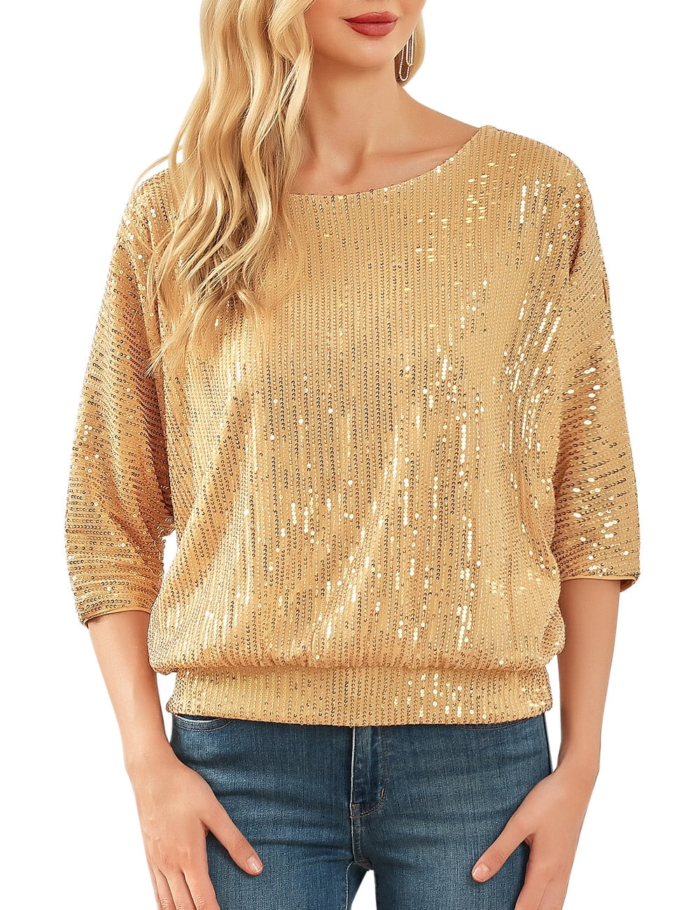 PrettyGuide Women's Sparkle Sequin Top Cold Shoulder 3/4 Batwing Sleeve ...