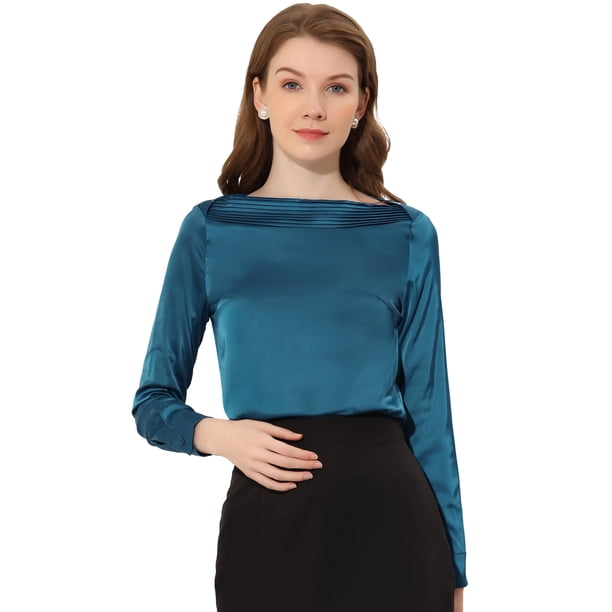 Women's Elegant Satin Tops Long Sleeve Vintage Boat Neck Work Blouse ...