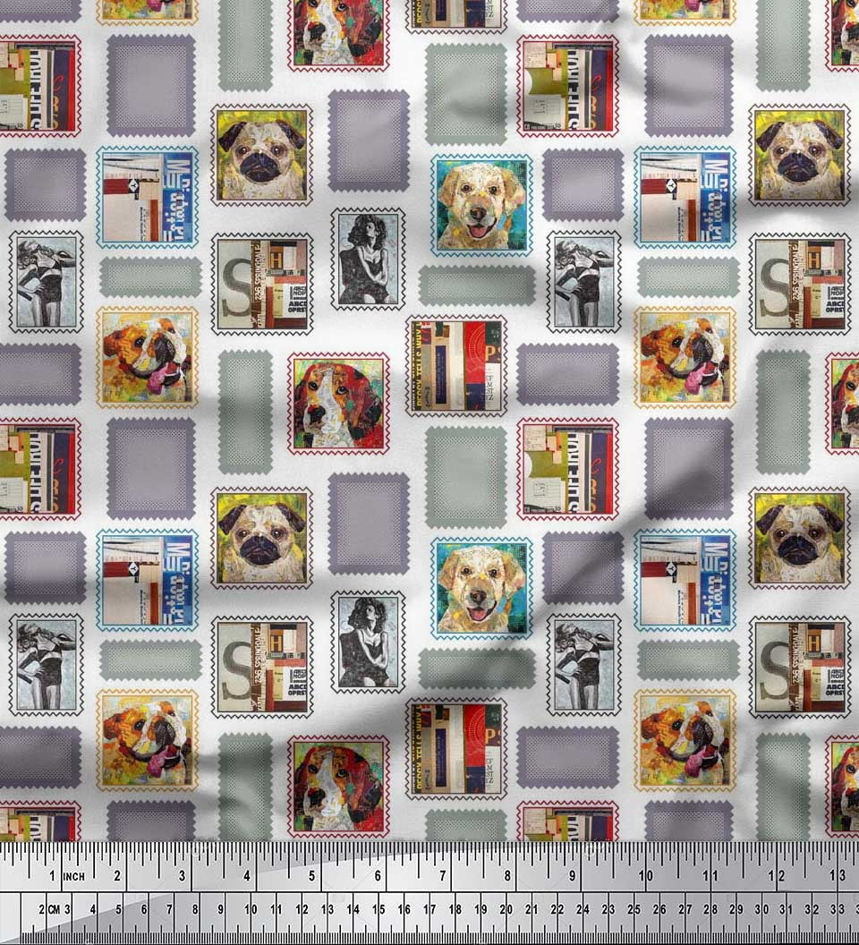 Soimoi Satin Silk Fabric Frames,Women & Dogs Patchwork Print Fabric by ...