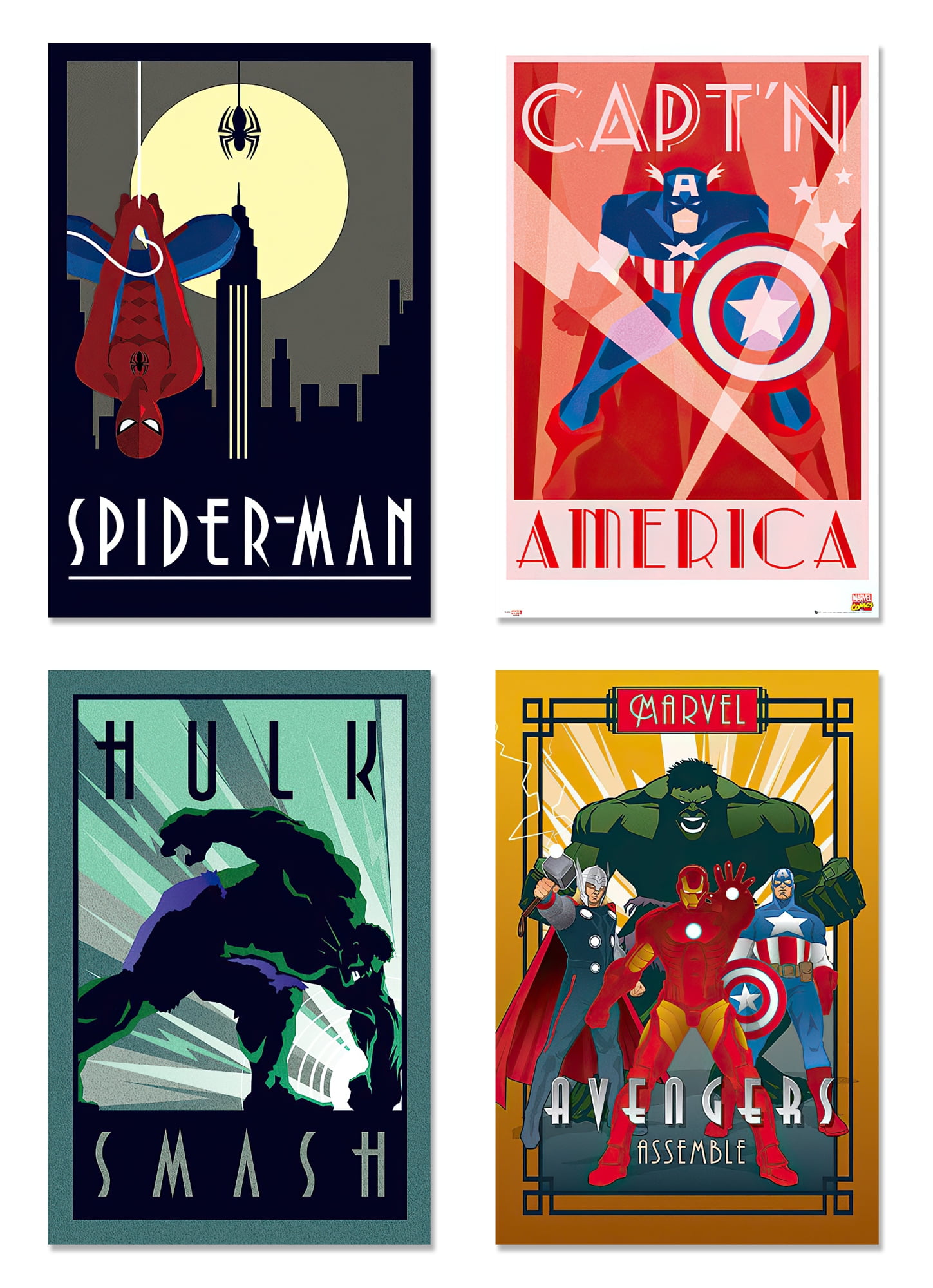 Marvel Art Deco Poster Designs - 4 Piece Set (Captain America, Spider ...