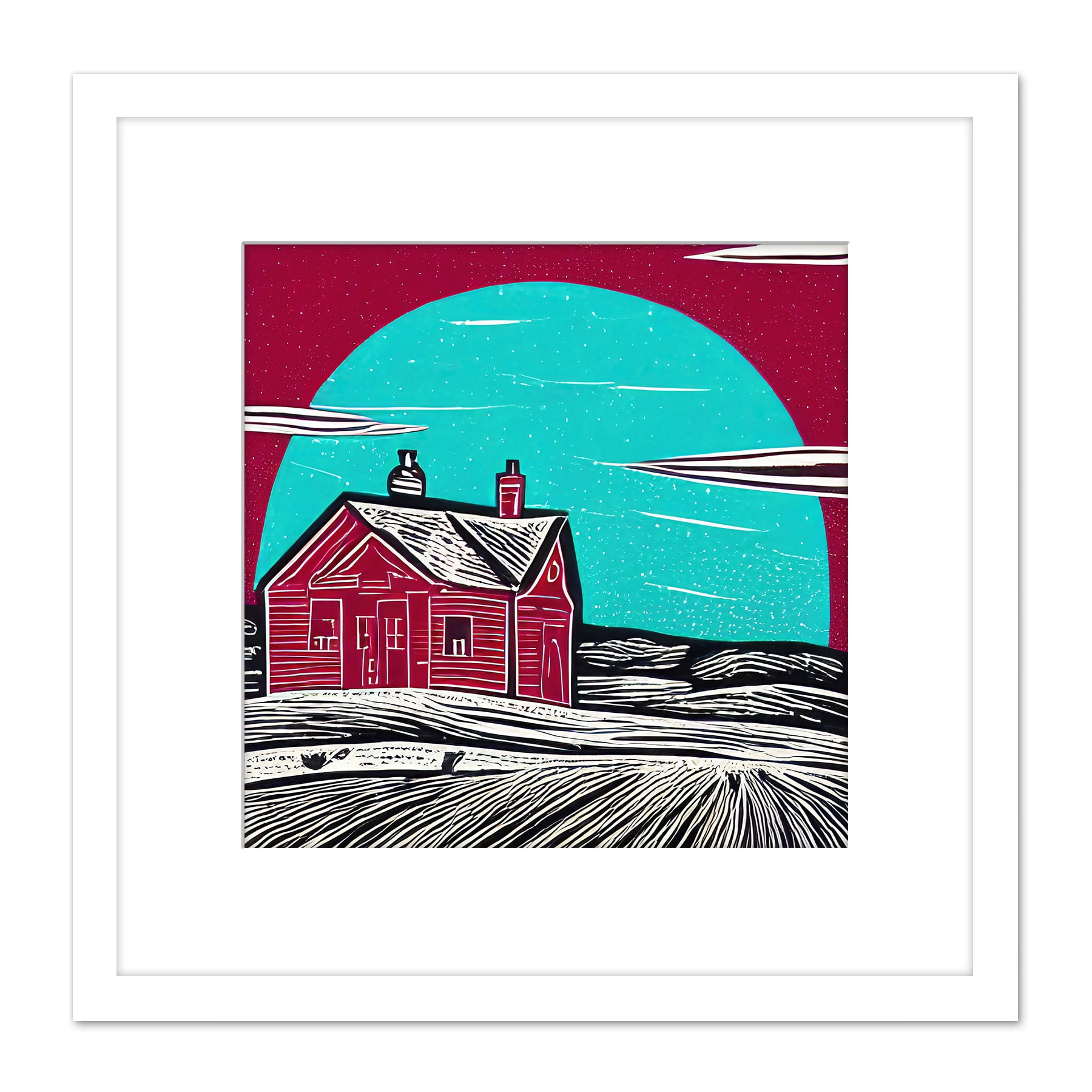 Full Moon Red House Farm Land Ink Stamp Linocut Illustration Square ...