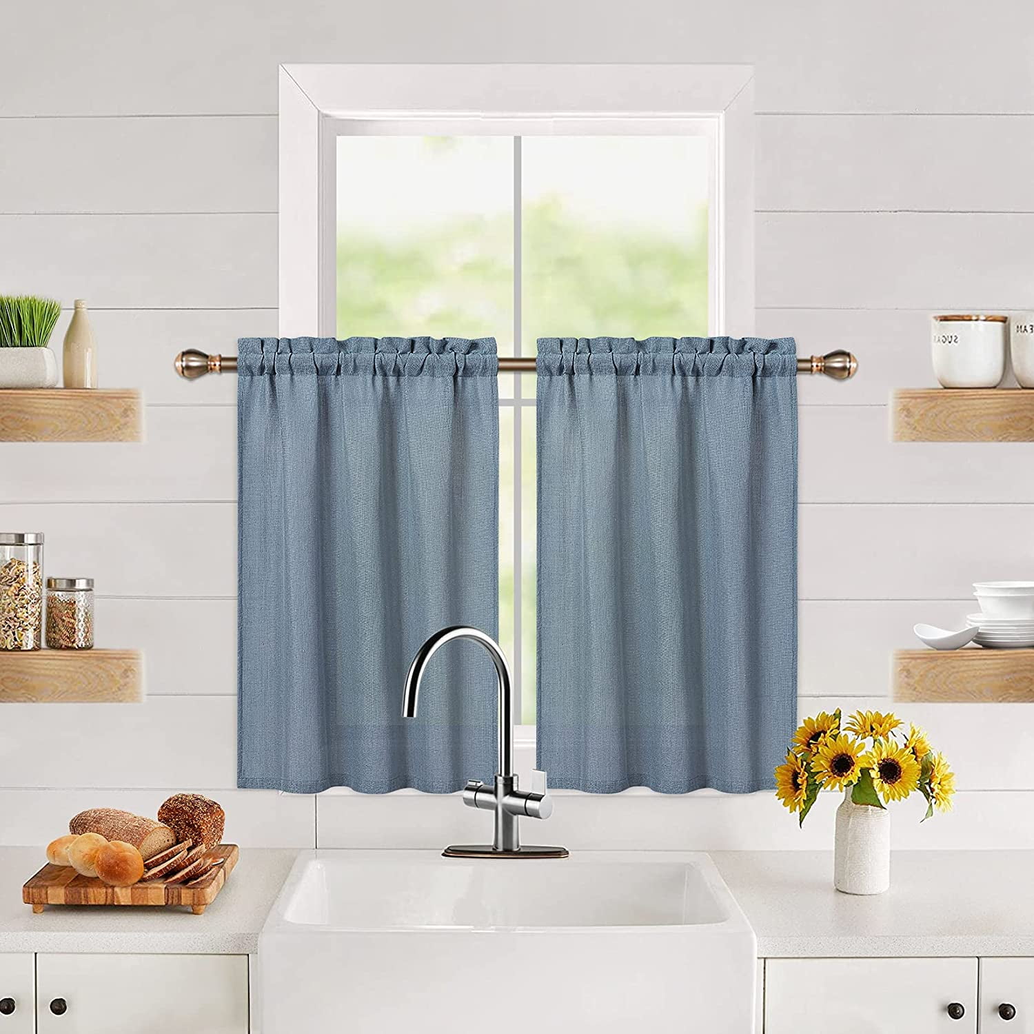 EastVita Kitchen Curtains 30 Inch Length Linen Blend Textured Farmhouse ...