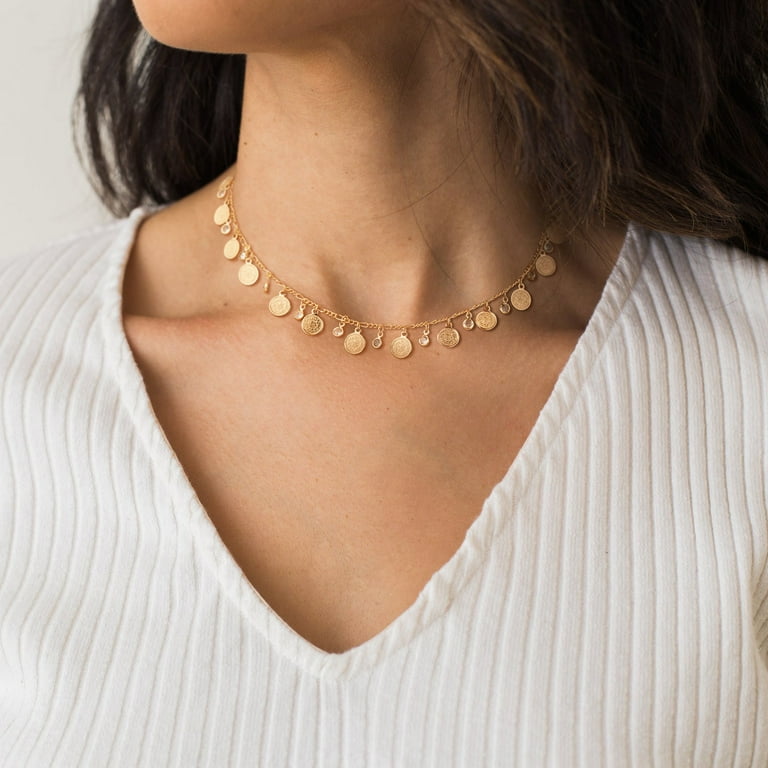 GDCOIN Gold Coin Choker Necklace 14K Gold Plated Dainty Chain with CZ Dots Charm Boho Handmade Jewelry Gift
