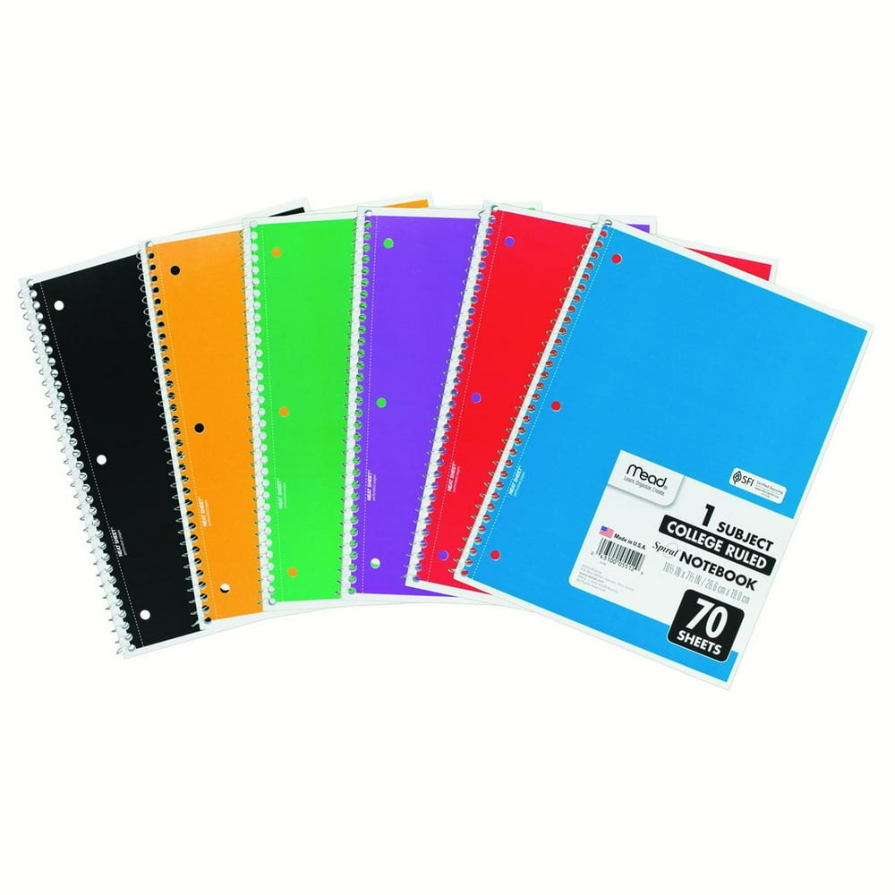 Mead Spiral Notebook, 1 Subject, College Ruled, 70 Sheets, Assorted ...
