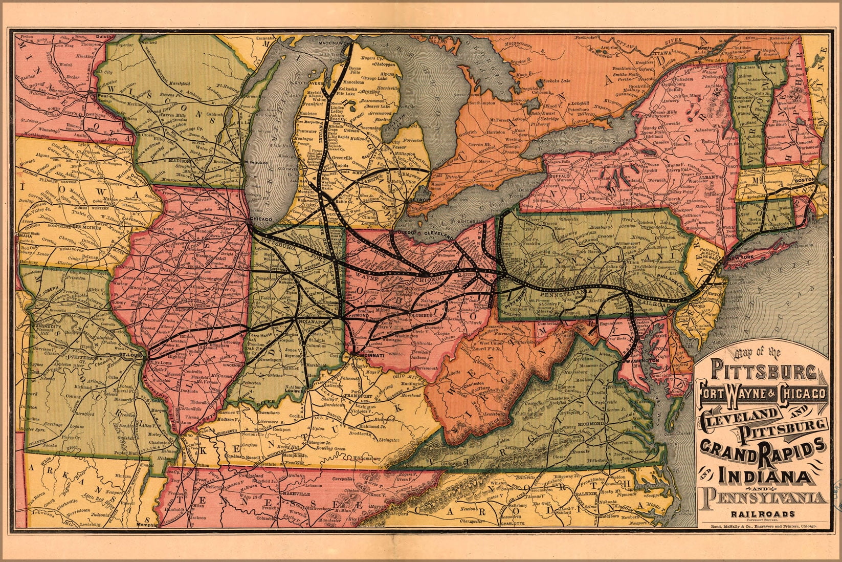 24"x36" Gallery Poster, 1874 map of the Pennsylvania Railroad system ...