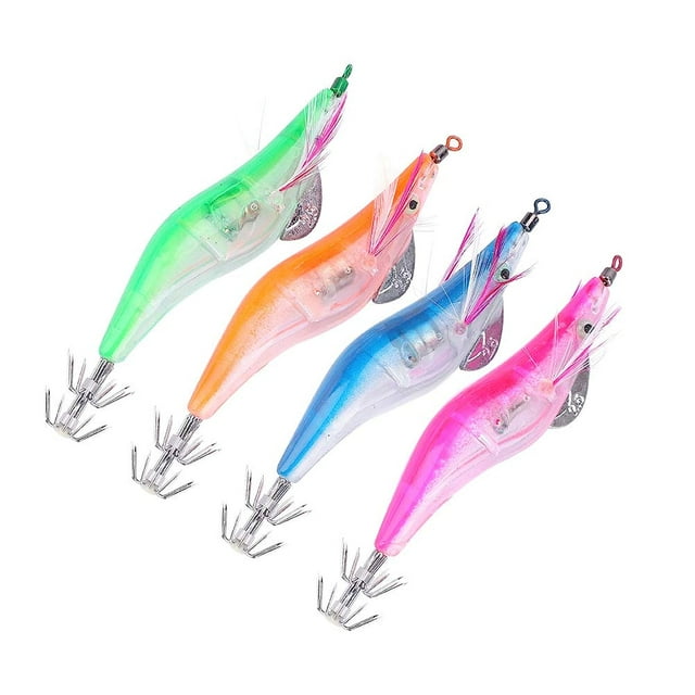 Lighted Squid Jig Hooks, 4Pcs Led Light Fishing Shrimp Bait Set, Simulation Prawn Lures Squid ...