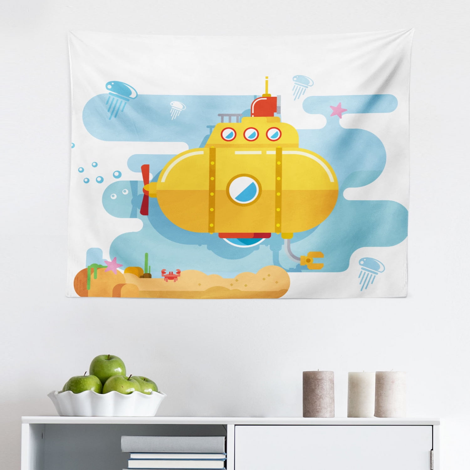 Yellow Submarine Tapestry, Sea Theme Design in Cartoon Style ...