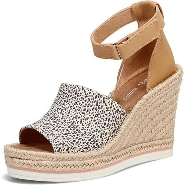Toms Marisol Natural Leopard Wedge Heel Open Toe Ankle Strap Leather ...