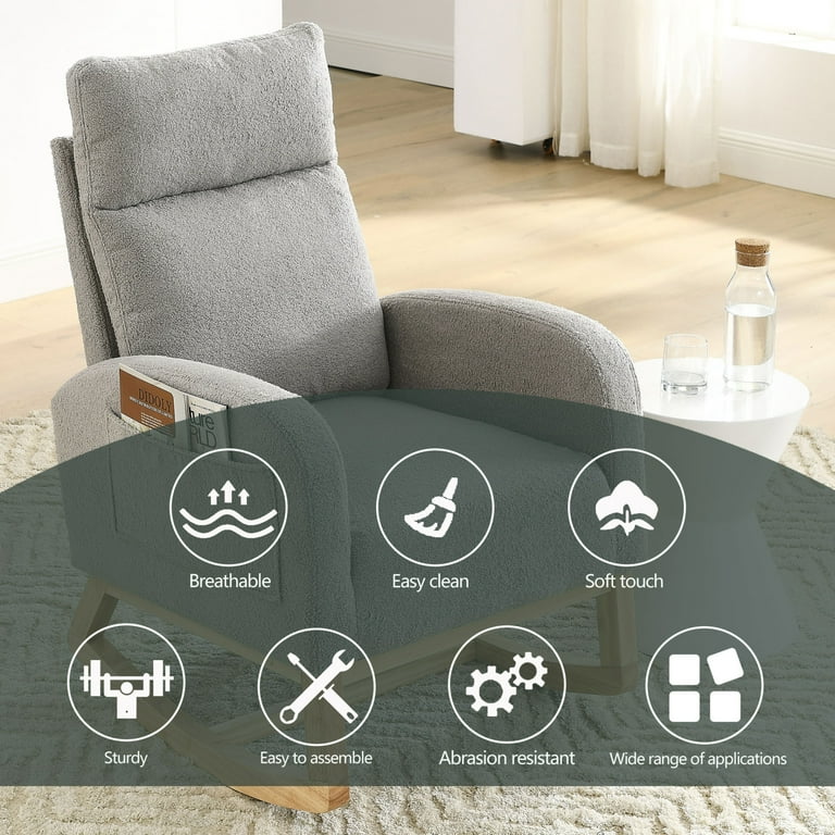 27.6 W Nursery Rocking Chair with Wood Legs and High Backrest Rocking Armchair with 2 Side Pockets Lounge Glider Chair for Nursery Bedroom Living
