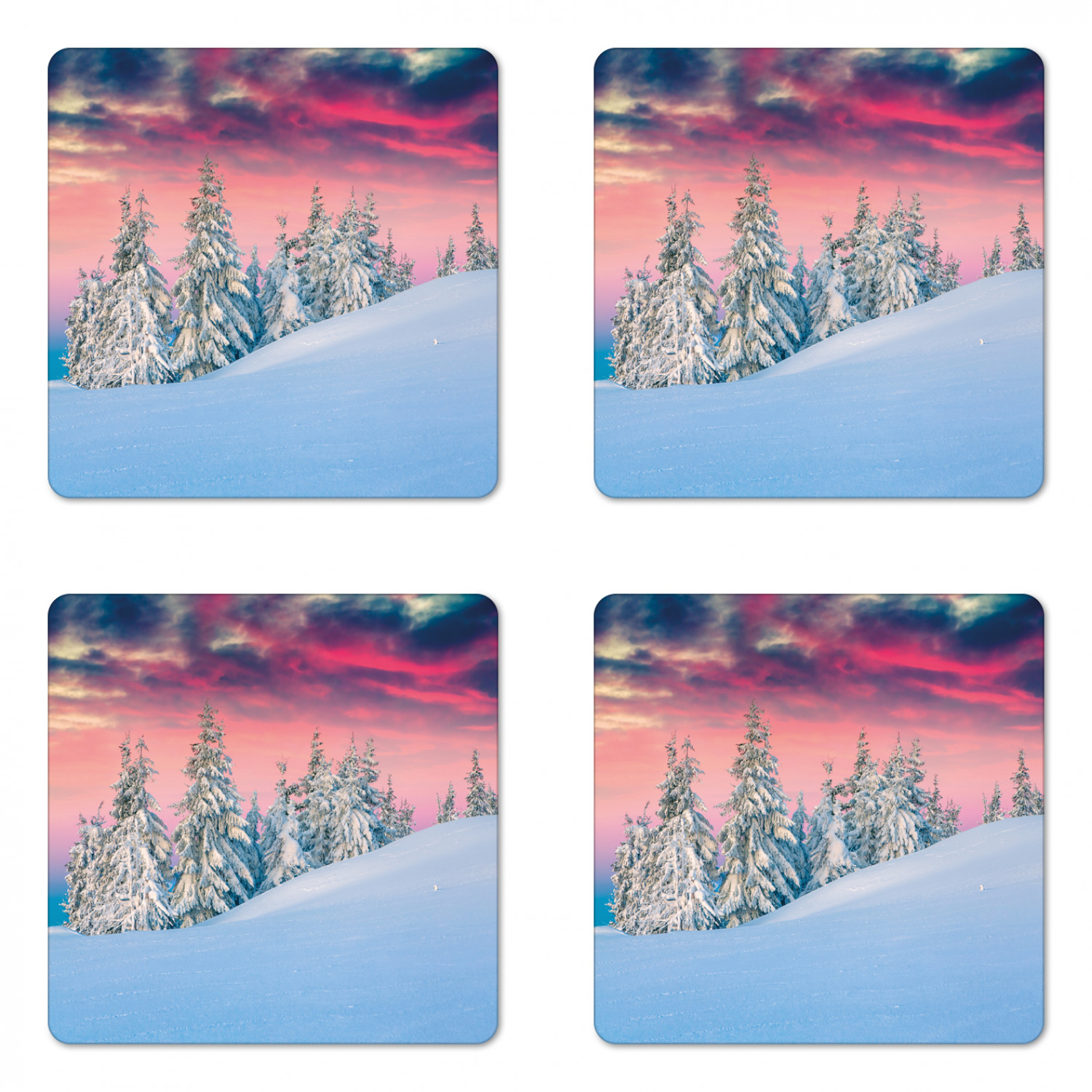 Winter Coaster Set of 4, Idyllic Scenery in Snow Covered Serene ...