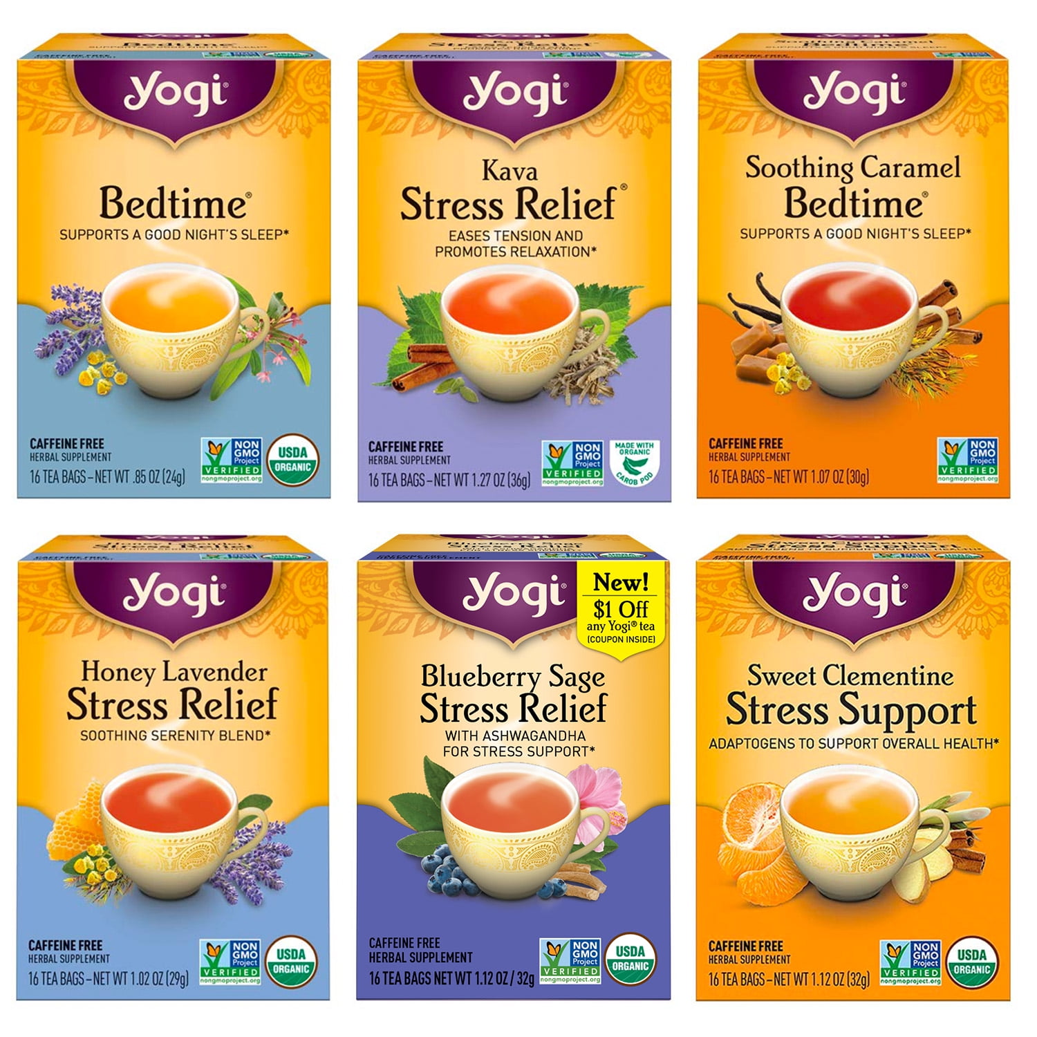 Yogi Tea Stress Relief and Herbal Tea Variety Pack, Wellness Tea Bags, 6 Boxes of 16 - Walmart.com