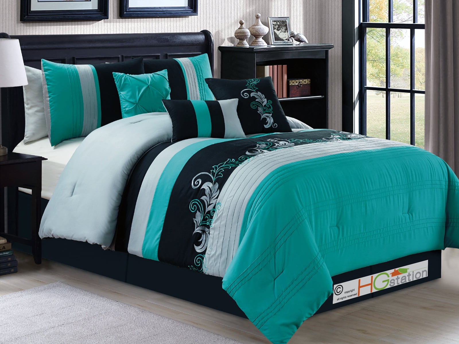 7-Pc Gael Scroll Floral Leaves Embroidery Pintuck Comforter Set ...