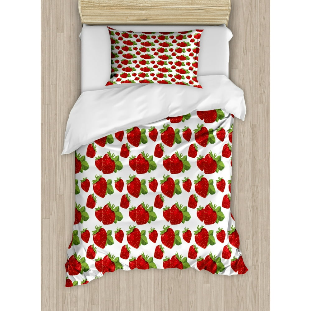 Strawberry Twin Size Duvet Cover Set Delicious Organic Food Theme