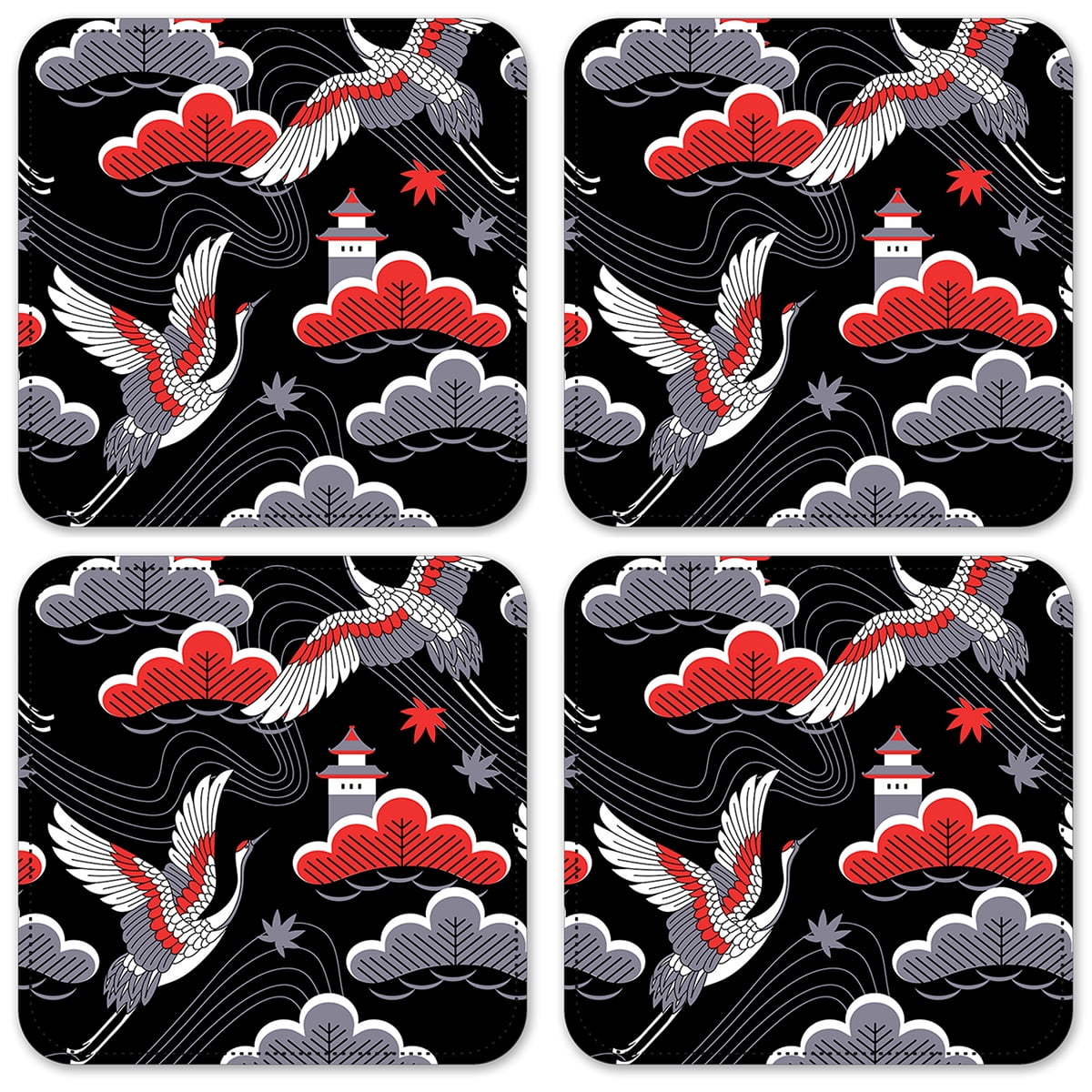 Vinyl Drink Coasters - Set of 4 - Red, Black & Gray Cranes - Walmart.com