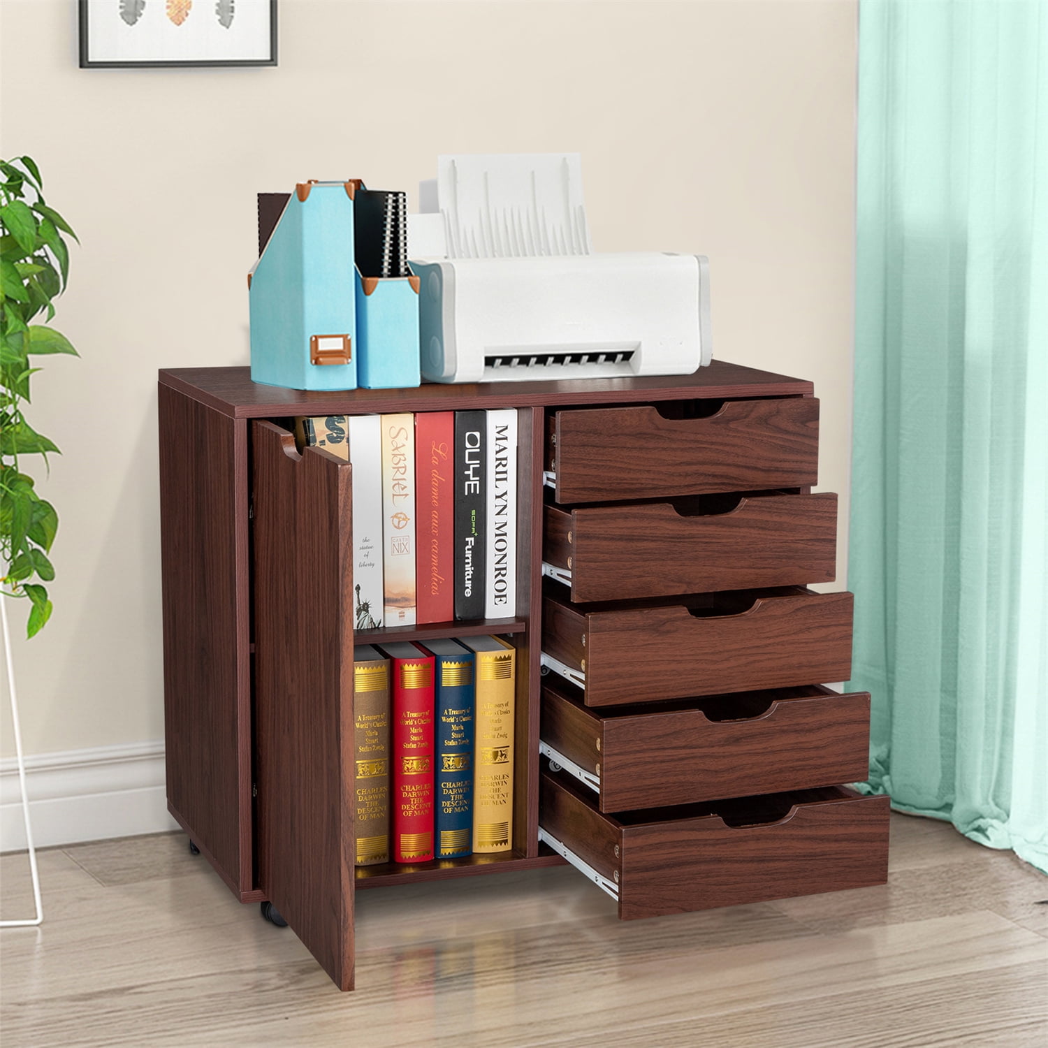 Cozyroom Single Door Five Drawers Wooden Filing Cabinet Dark with ...