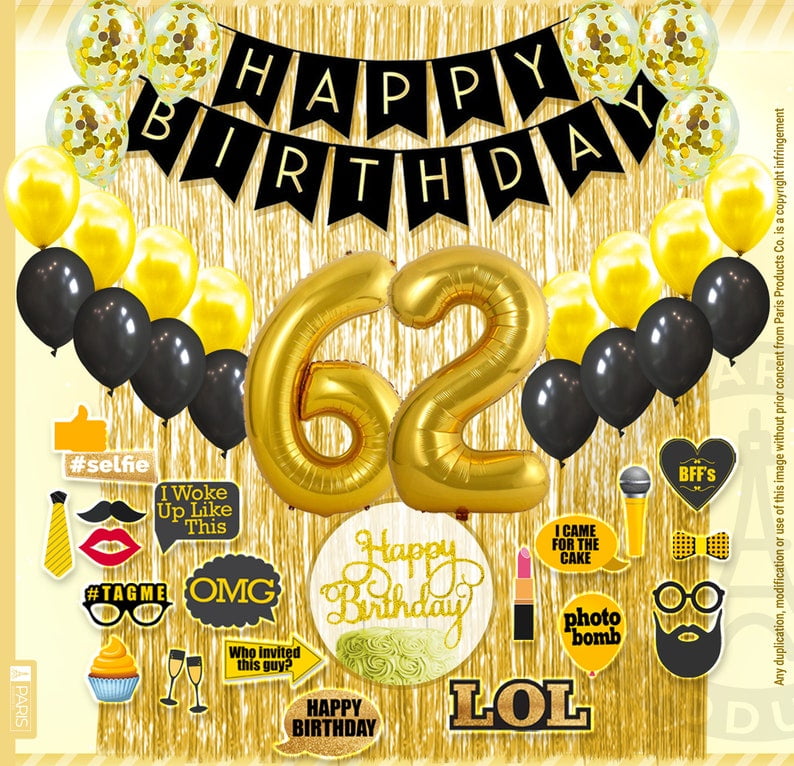 62nd Birthday Decoration Black and Gold for Boy & Girl, 62nd Cake ...