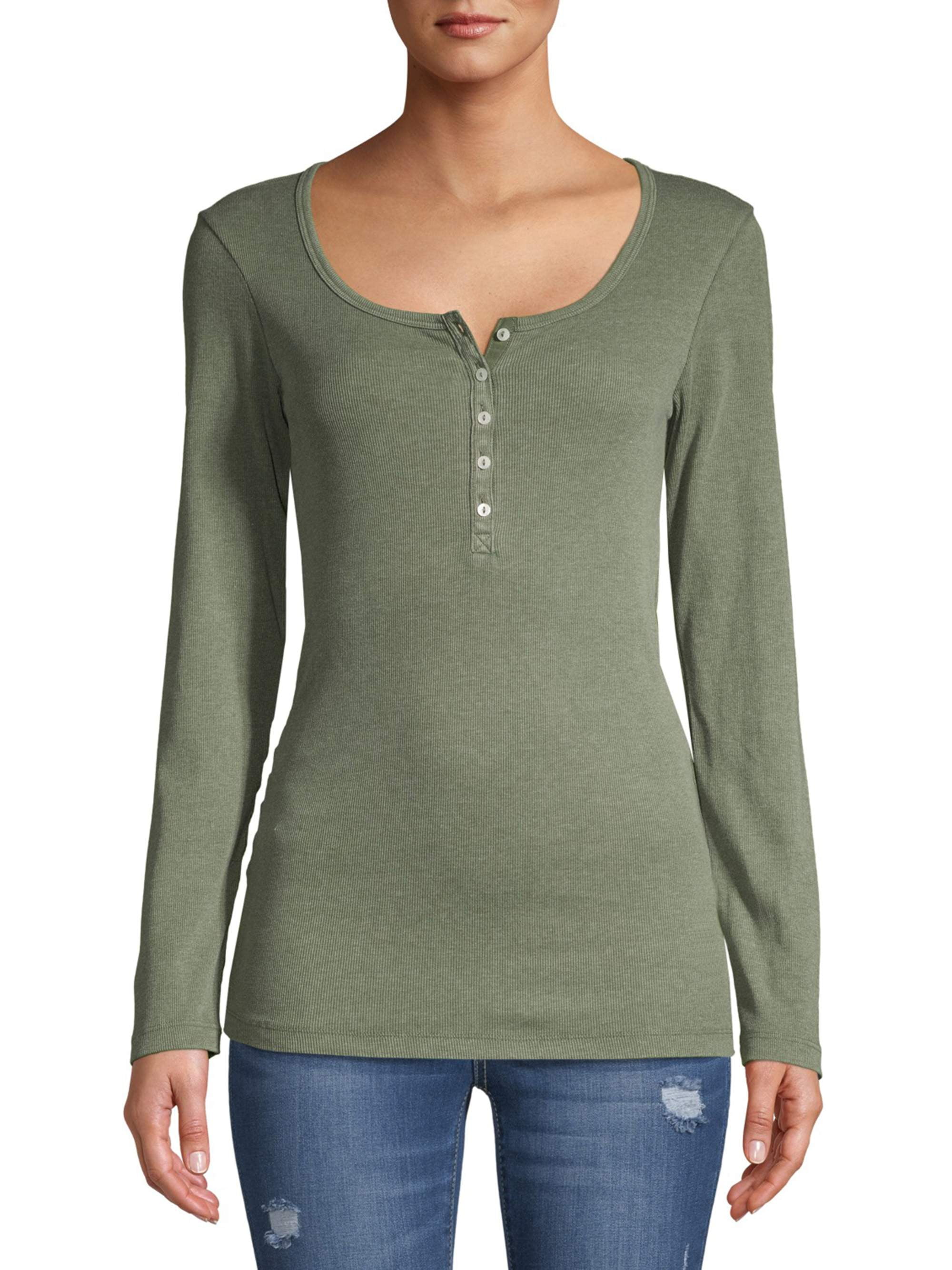 Womens Long Sleeve Henley Rib T Shirt