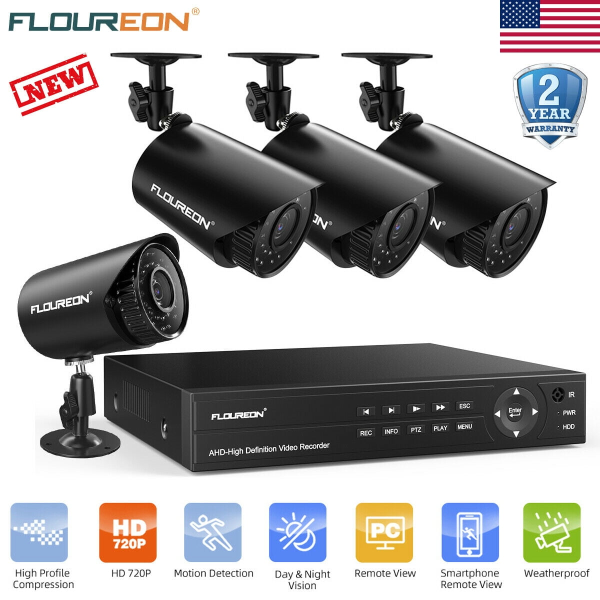FLOUREON Security Surveillance System 8CH 5-in-1 1080N DVR with 4PCS ...