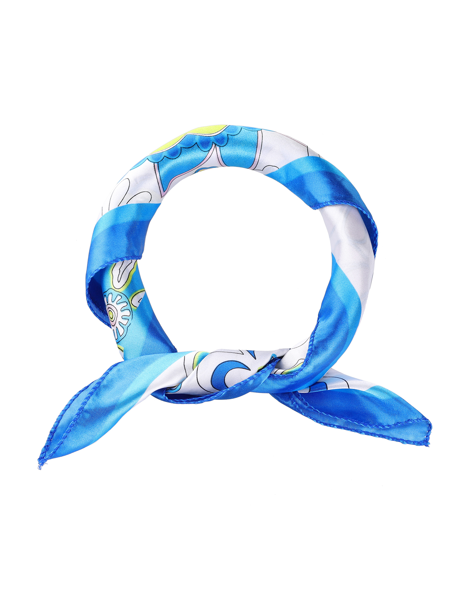 Blue Teal Brim Floral Print Polyester Kerchief Neck Scarf for Ladies ...