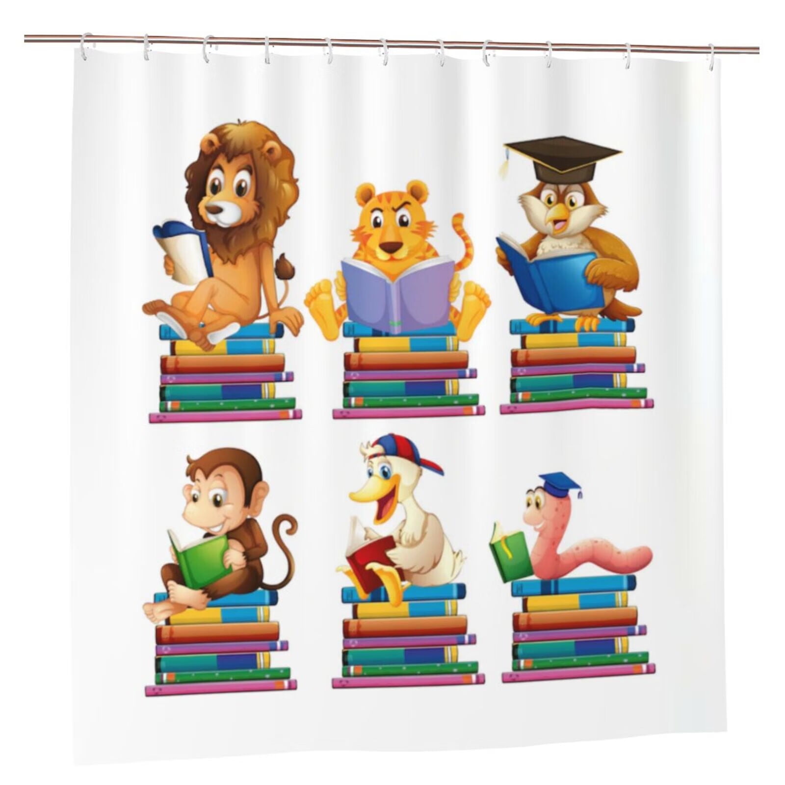 Graduation Shower Curtain, Animals Books Lion Monkey Duck Snake Tiger ...