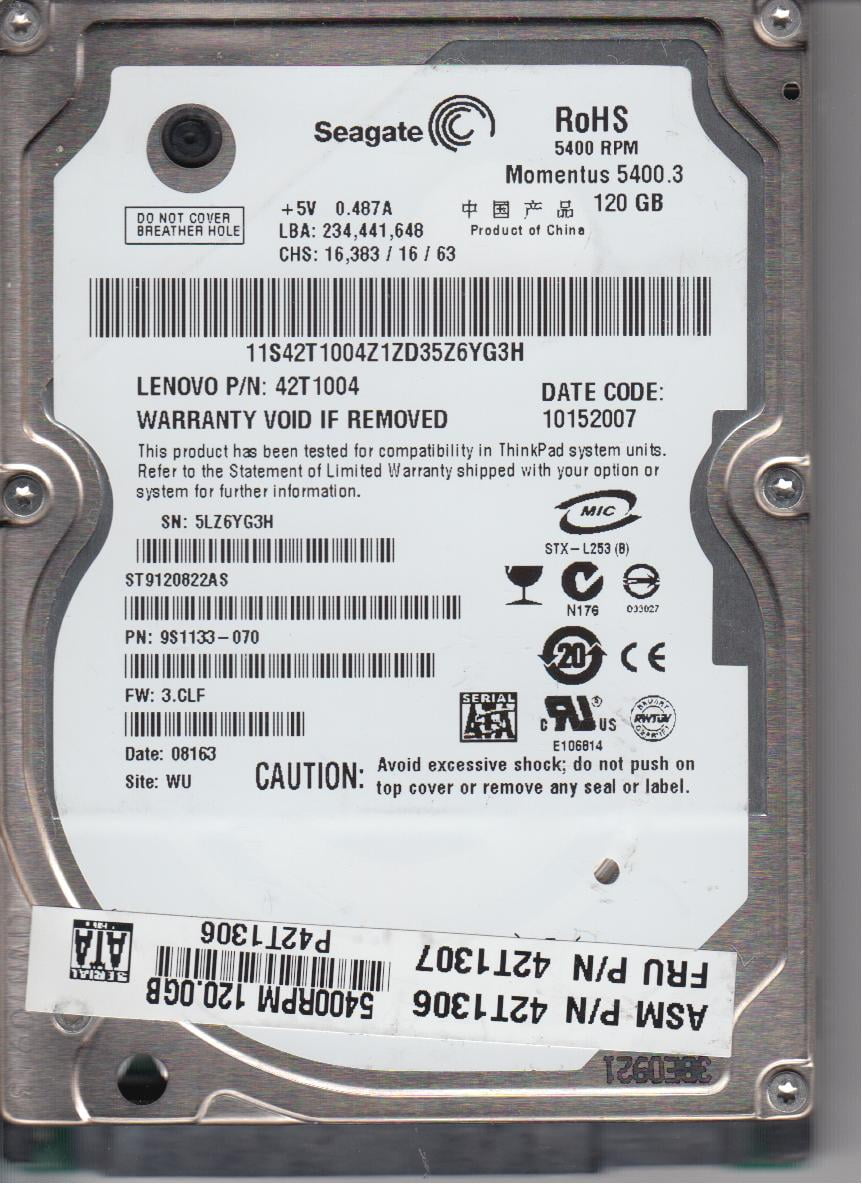 ST9120822AS, 5LZ, WU, PN 9S1133-070, FW 3.CLF, Seagate 120GB SATA 2.5 ...