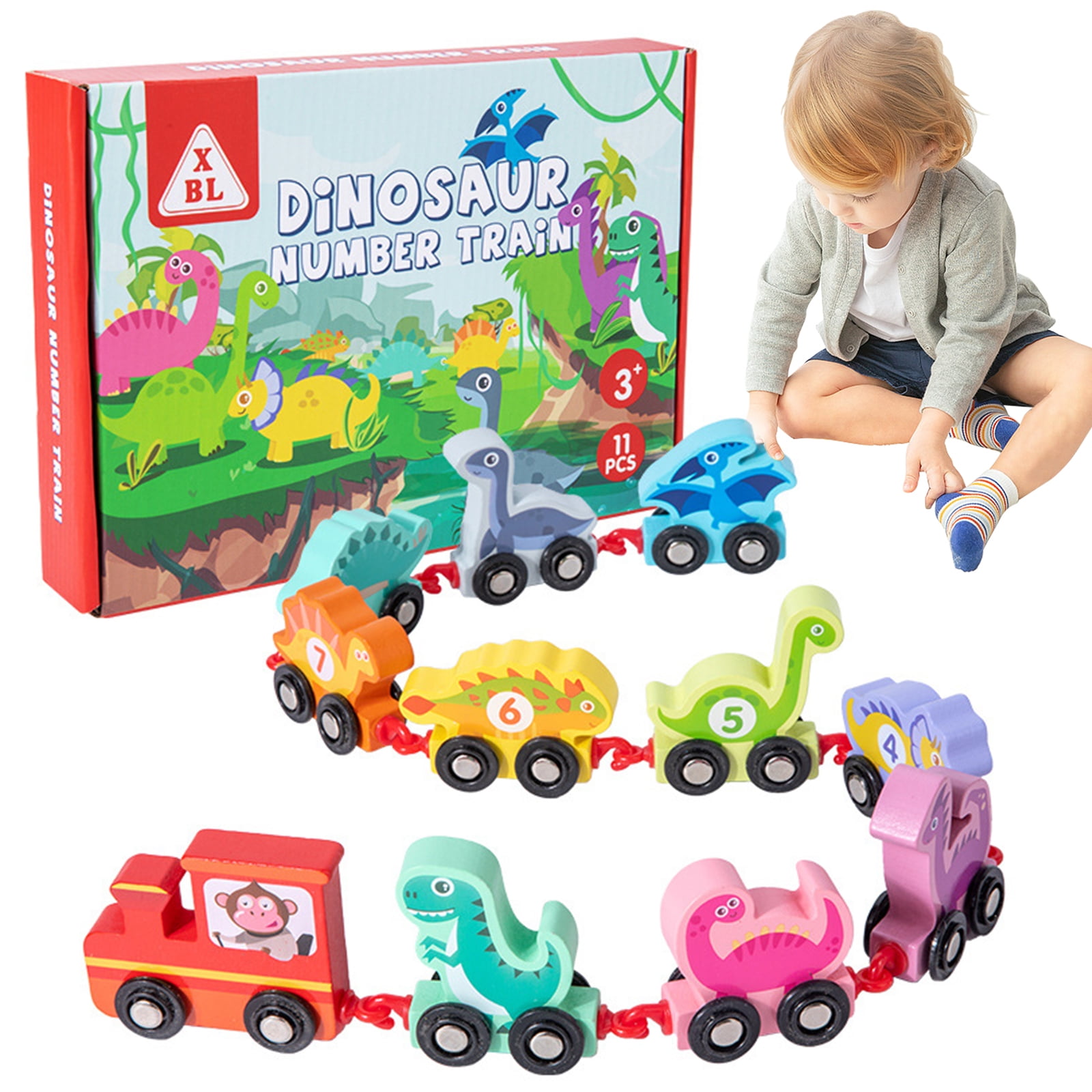 Wooden Dinosaur Train Set with Numbers,11 Pieces Train Cars Includes ...