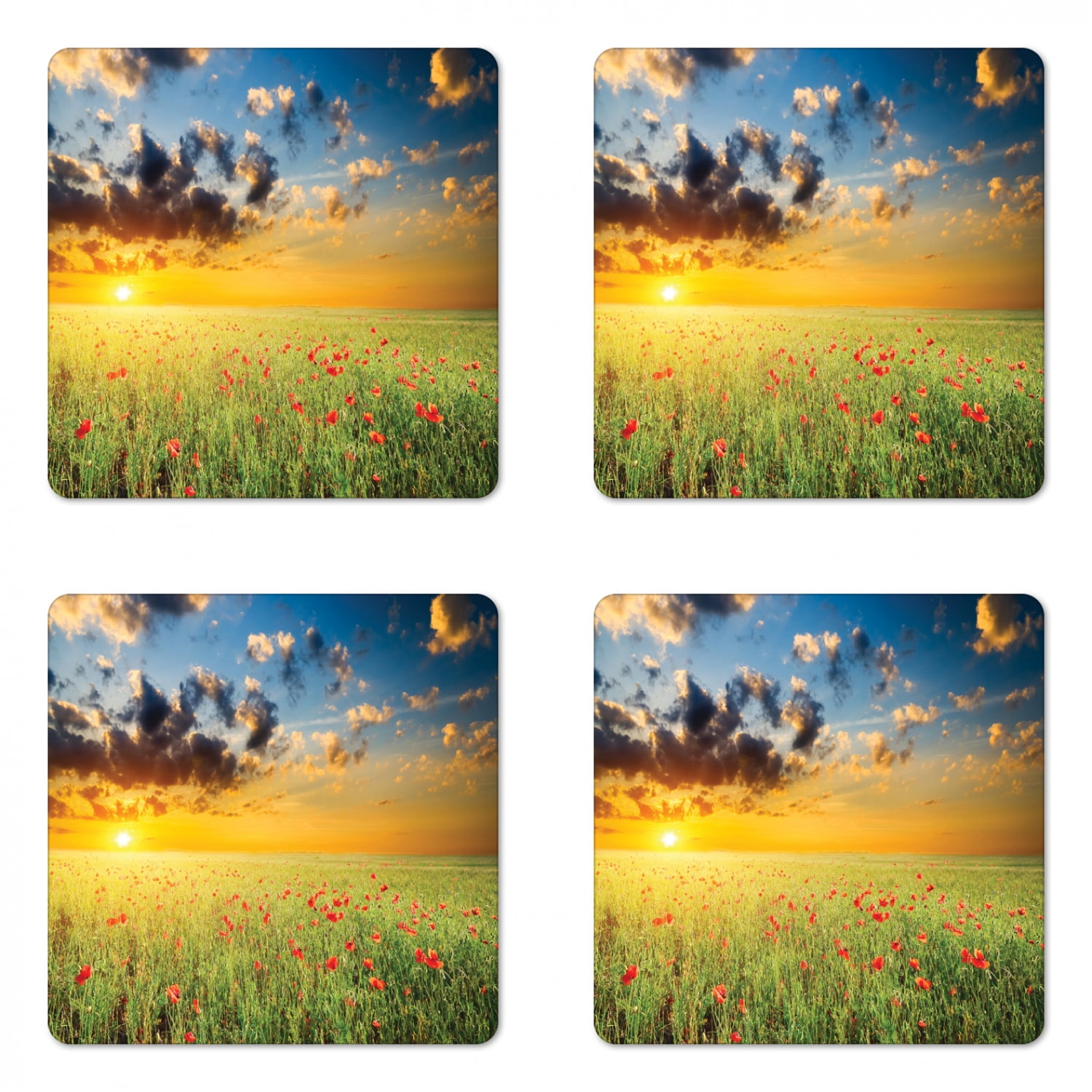 Poppy Coaster Set of 4, Freshening Sky View with Grass and Poppies ...