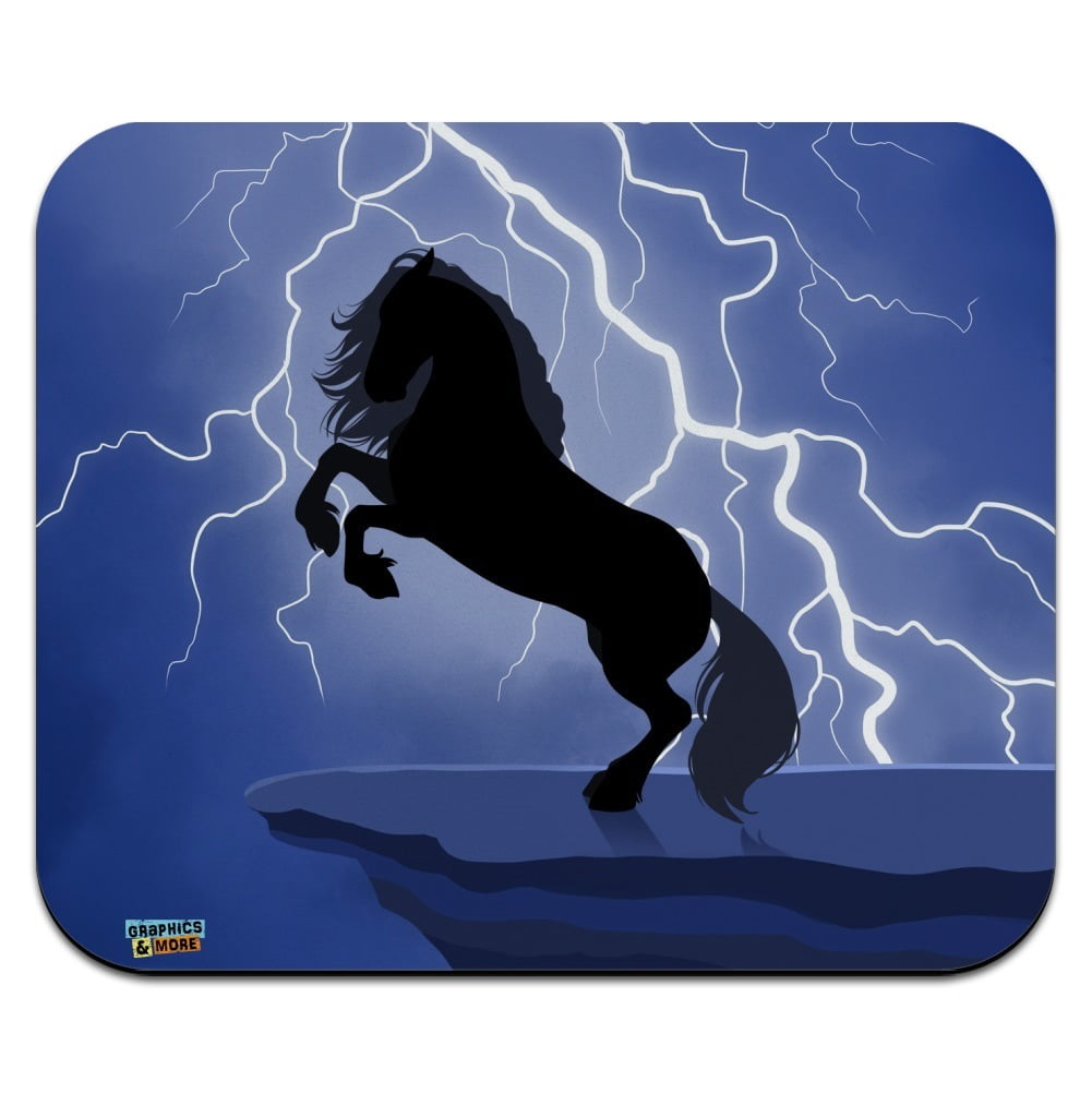 Black Friesian Horse Rearing Up in Storm Low Profile Thin Mouse Pad ...