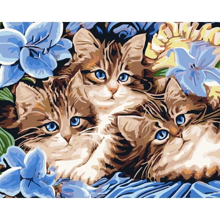 DIY Oil Painting Felidae Art paint Cat Blue Vertebrate Carnivore Flower ...