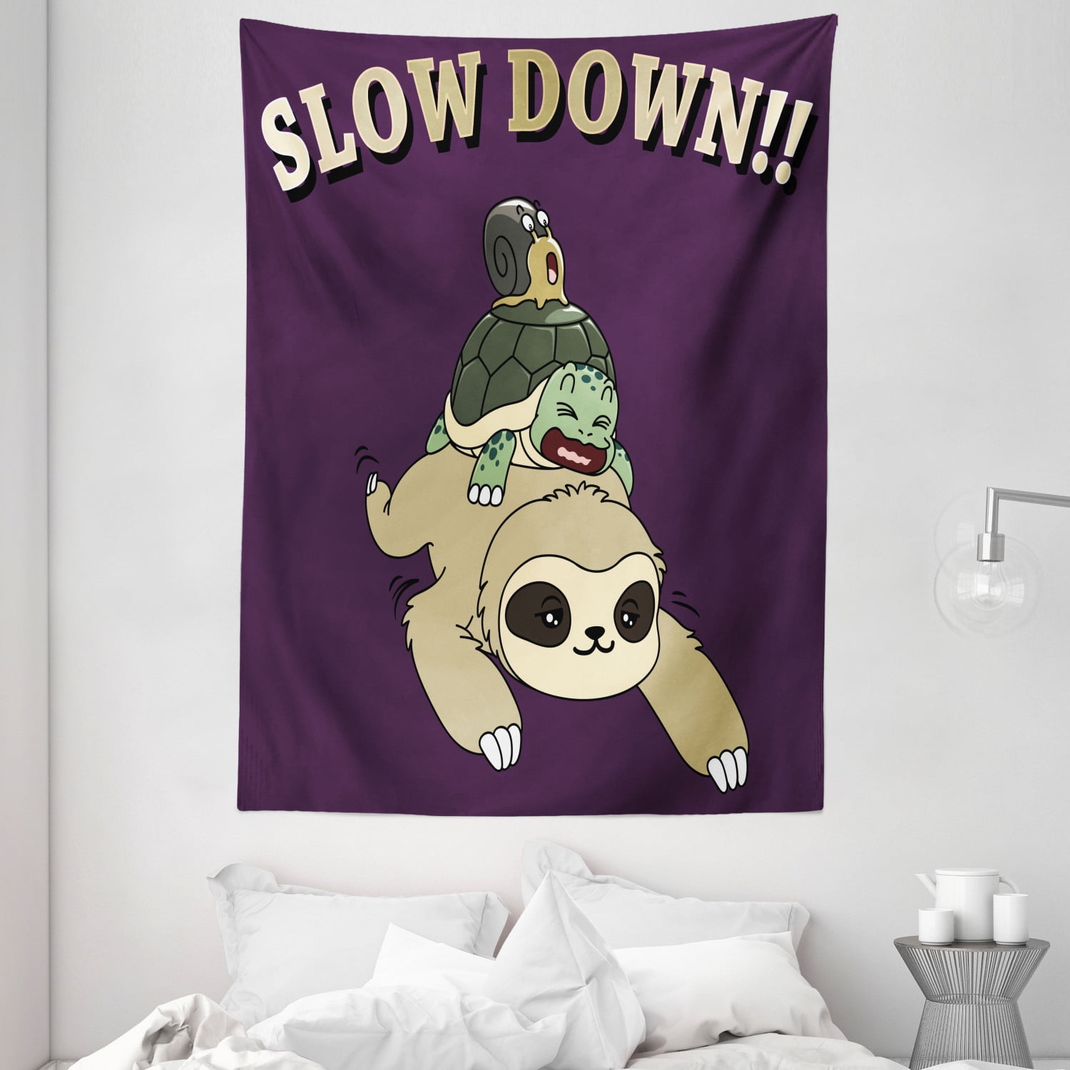 Sloth Tapestry, Funny Cartoon Scenery with Sloth Turtle Snail on Top of ...