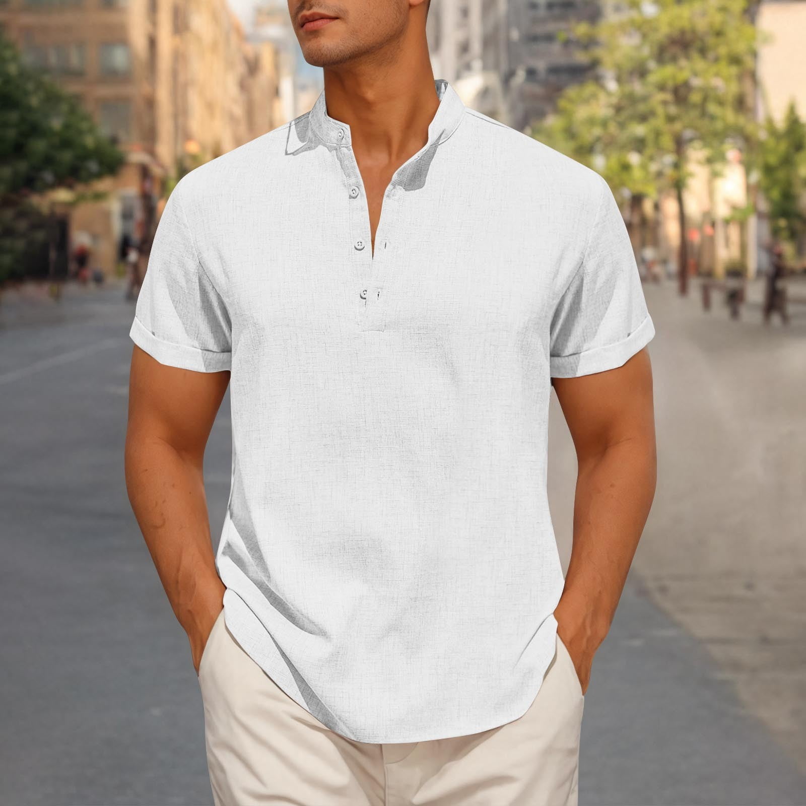 Click here for Kalauyu Men Cotton Linen Henley Shirt Casual Short... prices
