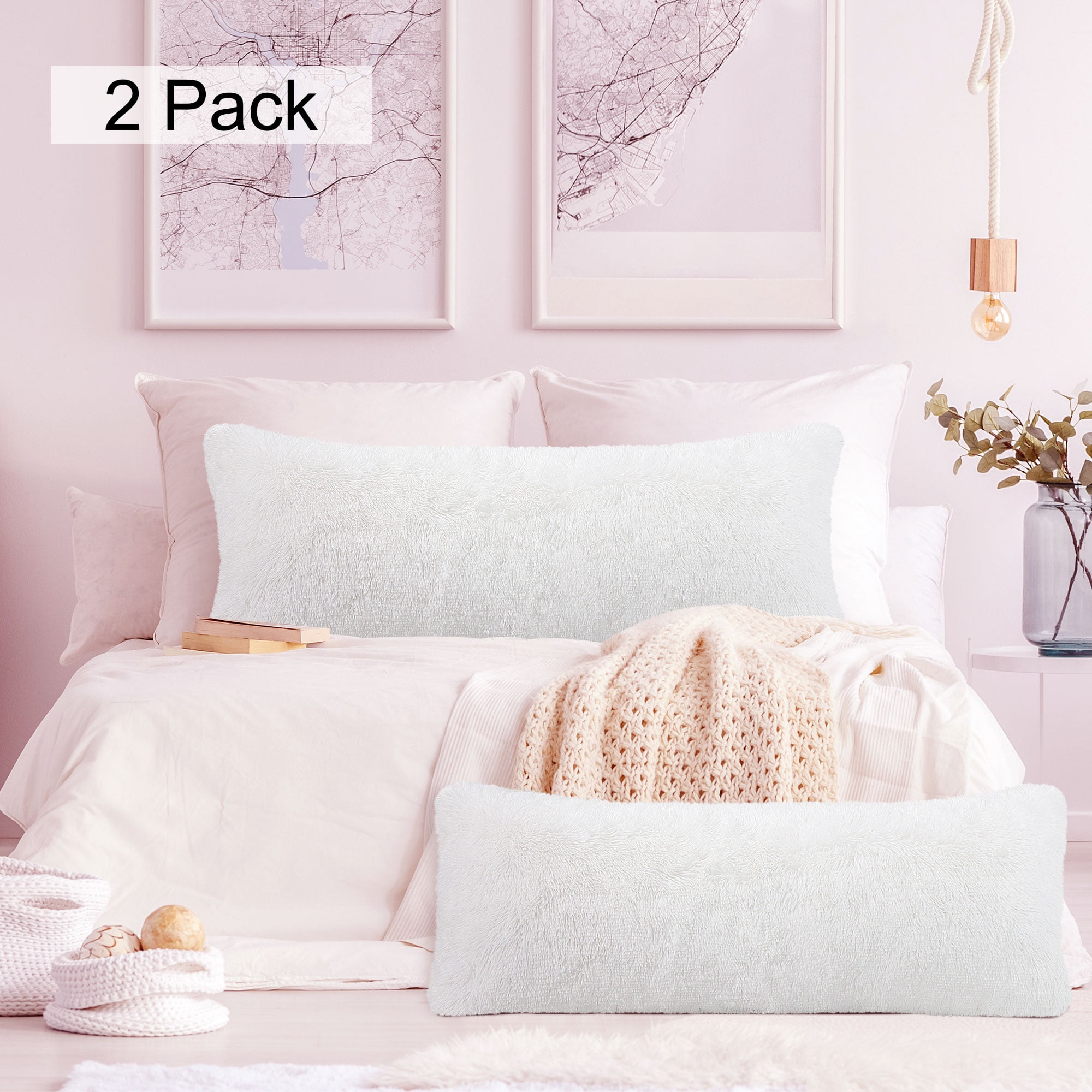 White Faux Mongolian Fur Body Pillow Cover with Zipper 20"x54" 2-Piece ...