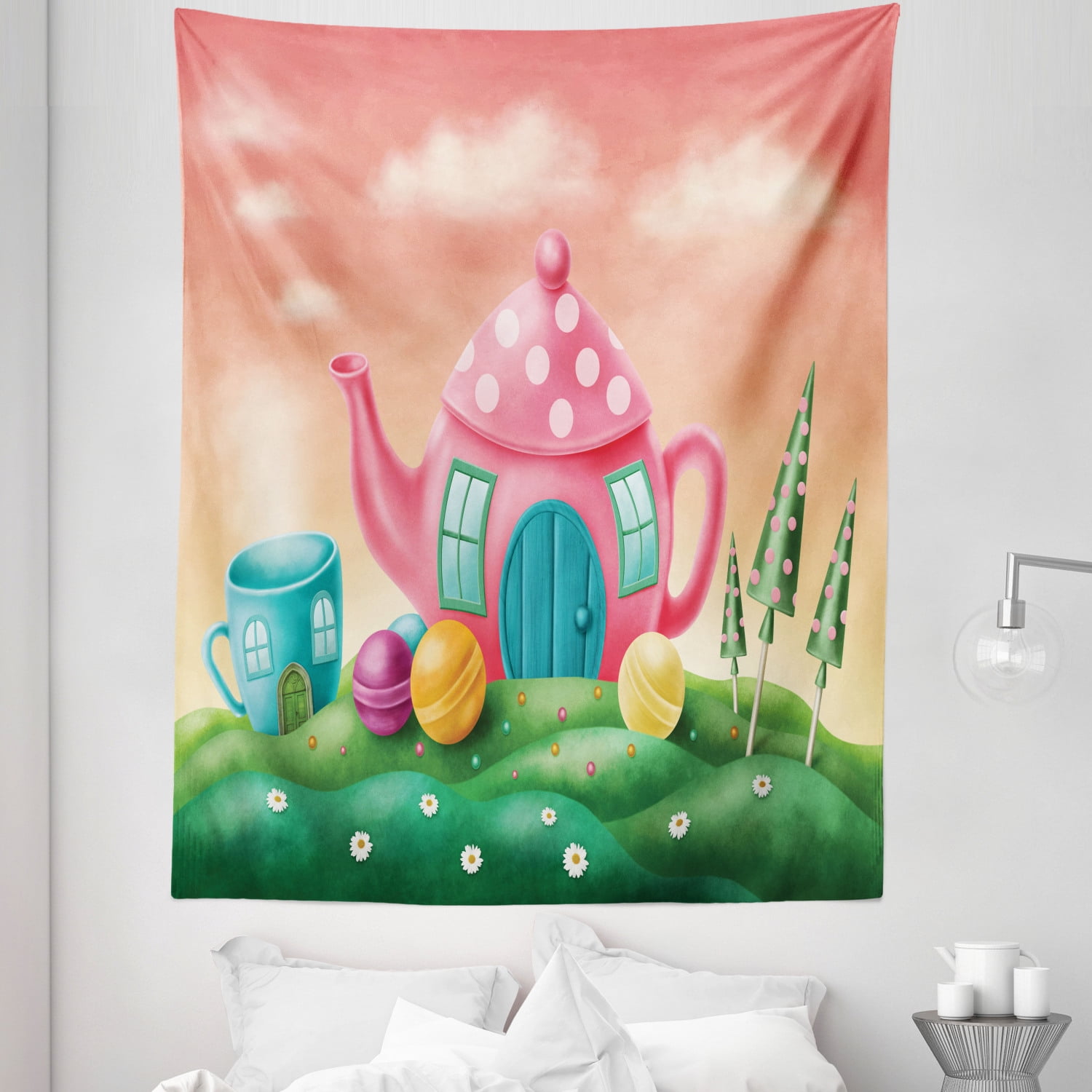 Fantasy Tapestry, Fantasy Teapot and Cup Houses Wonderland Theme Meadow ...