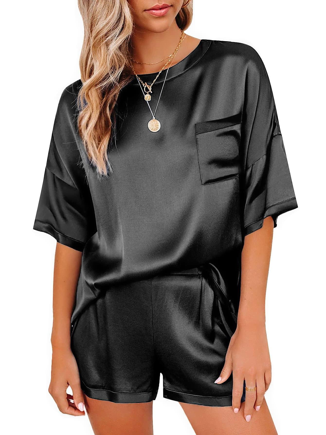 Ekouaer Satin Pajama For Women Silk Pj Set Short Sleeve Tops And Shorts