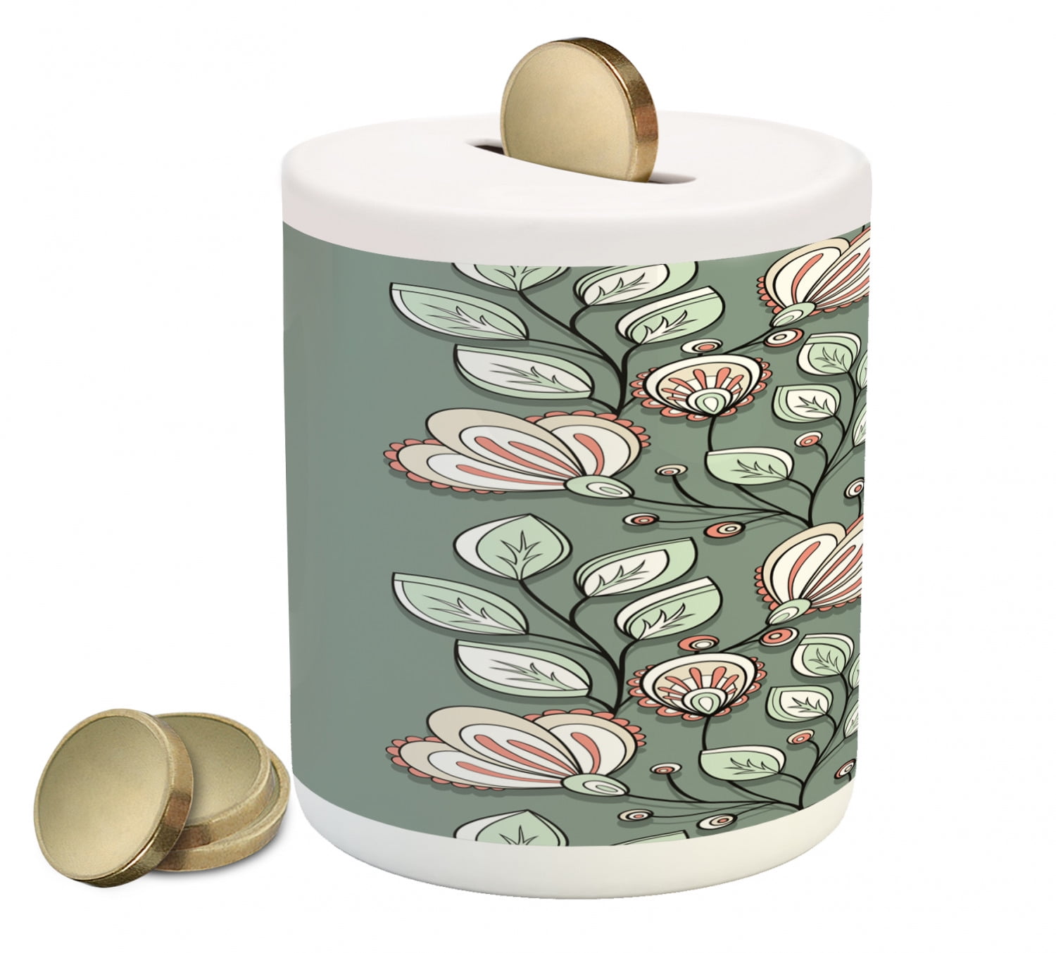 Bohem Piggy Bank, Floral Theme Romantic Spring Flowers and Leaves ...
